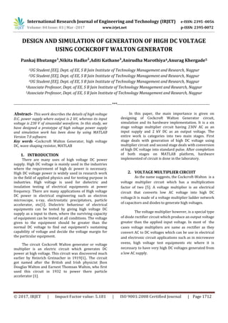 Design and Simulation of Generation of High DC Voltage using Cockcroft Walton Generator | PDF