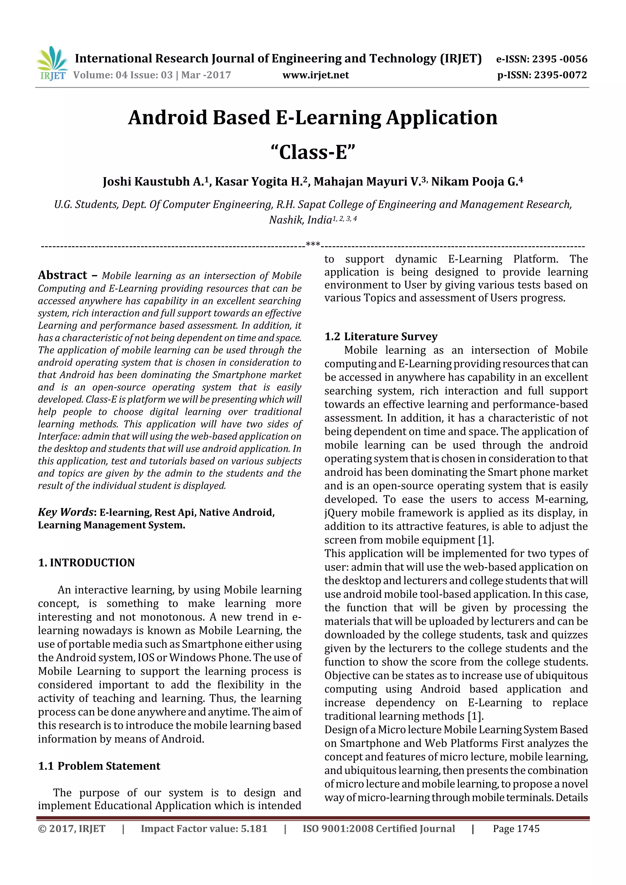 Android Based E-Learning Application Class-E | PDF