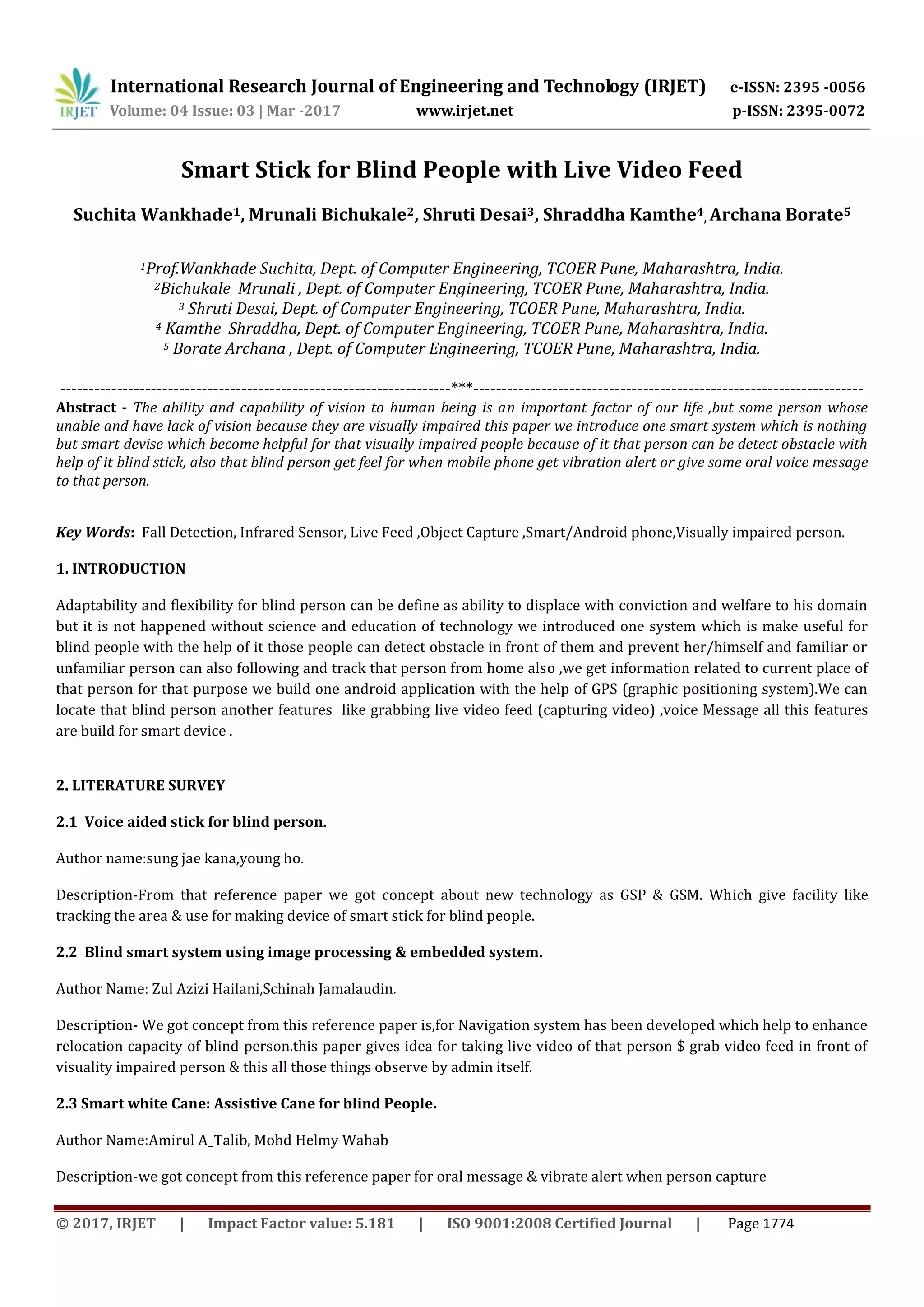 Smart Stick for Blind People with Live Video Feed | PDF | Operating ...