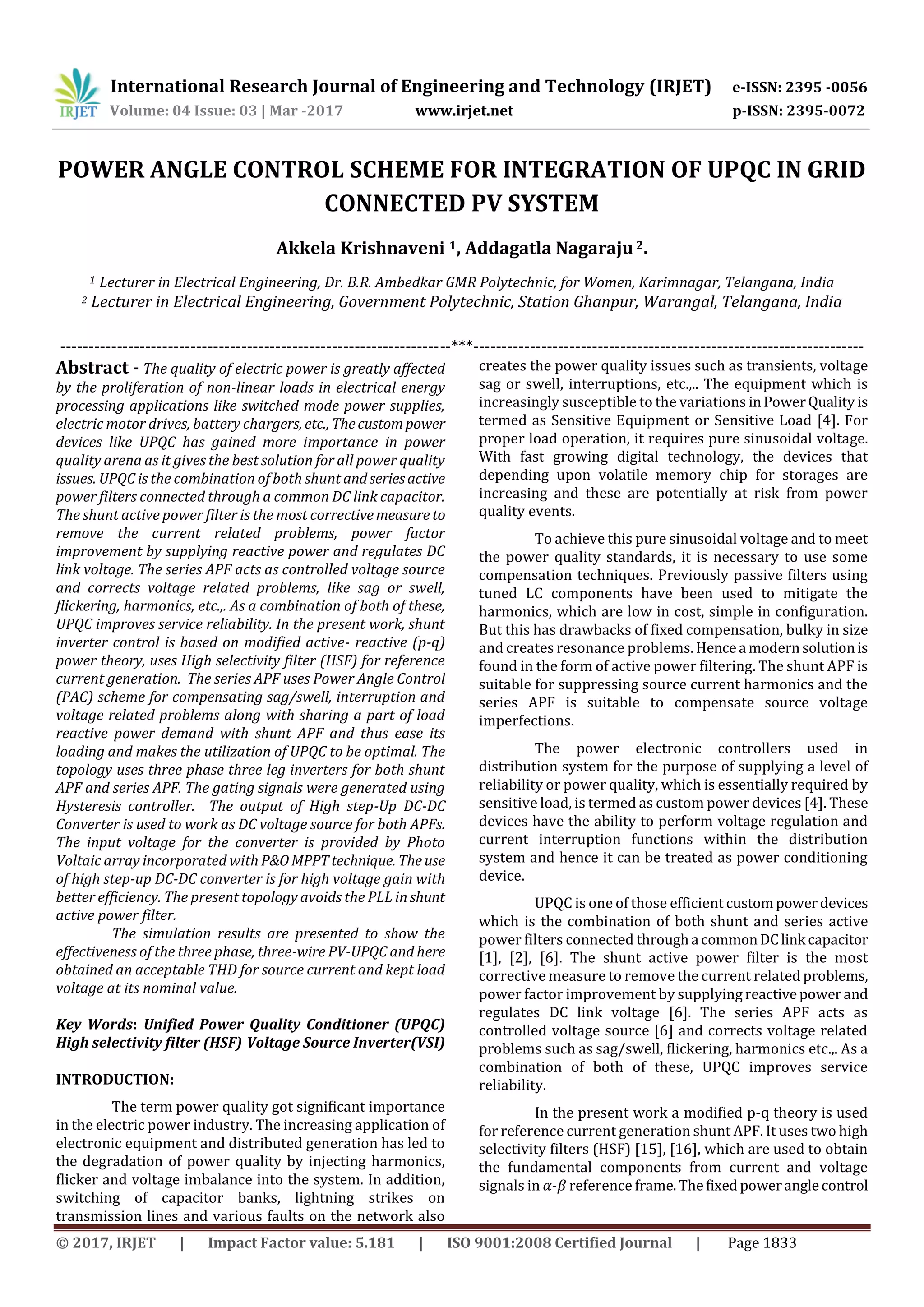 Power Angle Control Scheme for Integration of UPQC In Grid Connected PV ...