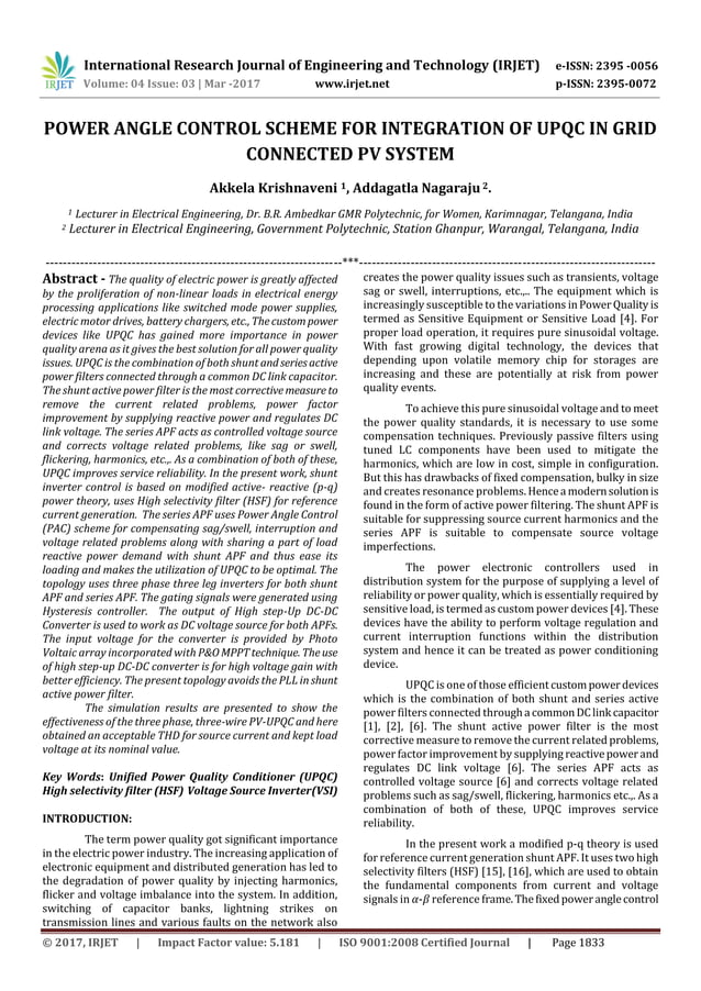 Power Angle Control Scheme for Integration of UPQC In Grid Connected PV System | PDF
