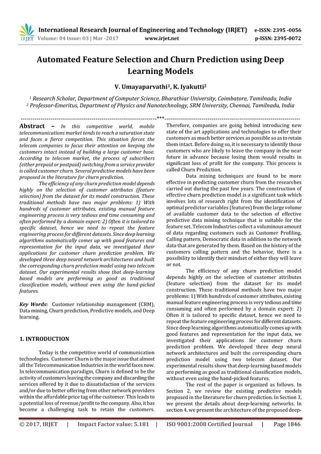Automated Feature Selection And Churn Prediction Using Deep Learning Models Pdf