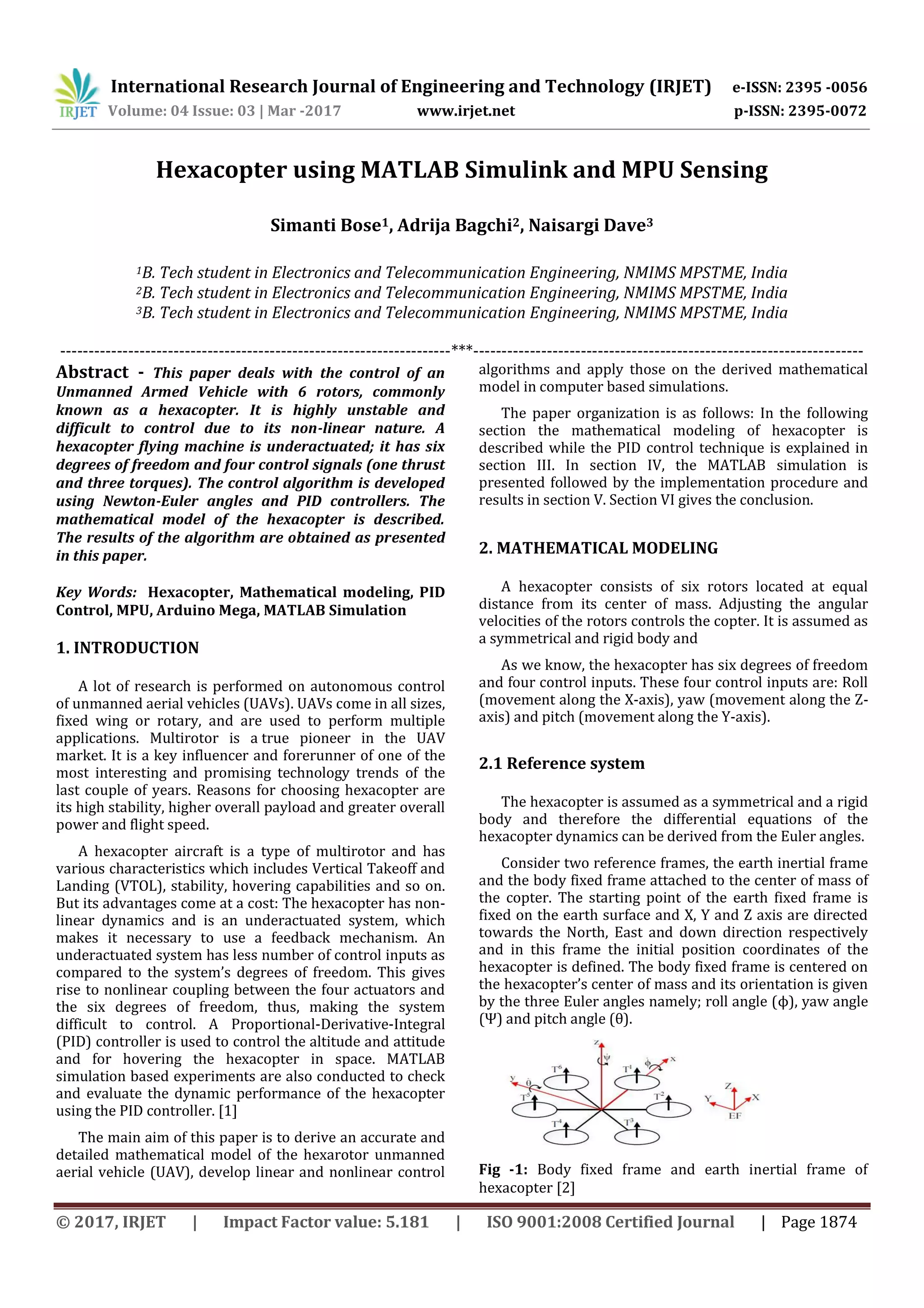 Hexacopter using MATLAB Simulink and MPU Sensing | PDF