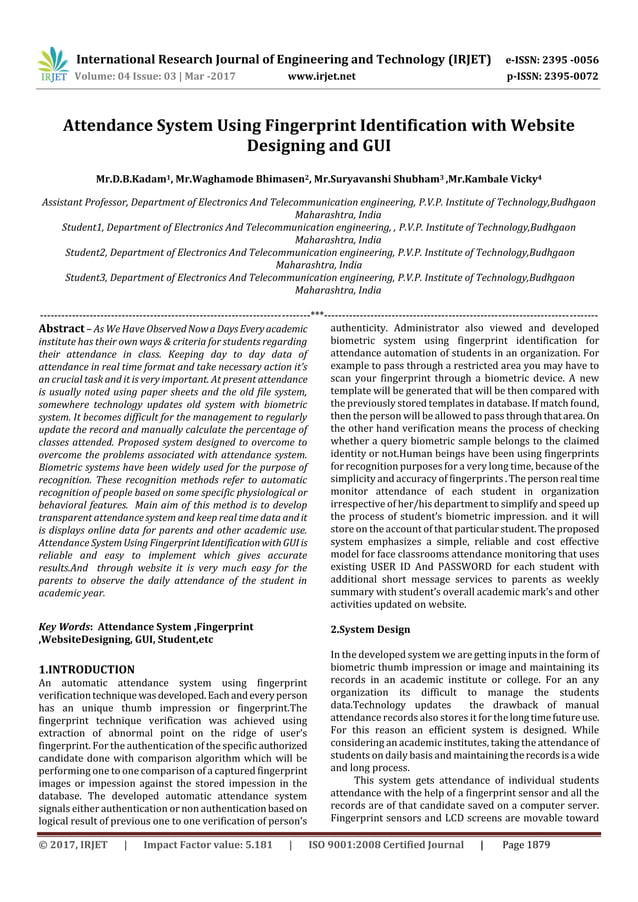 Attendance System Using Fingerprint Identification With Website Designing And GUI | PDF