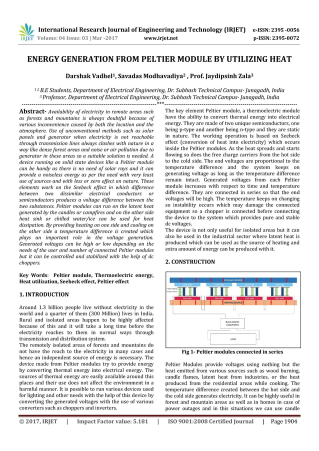 Energy Generation from Peltier Module by Utilizing Heat | PDF
