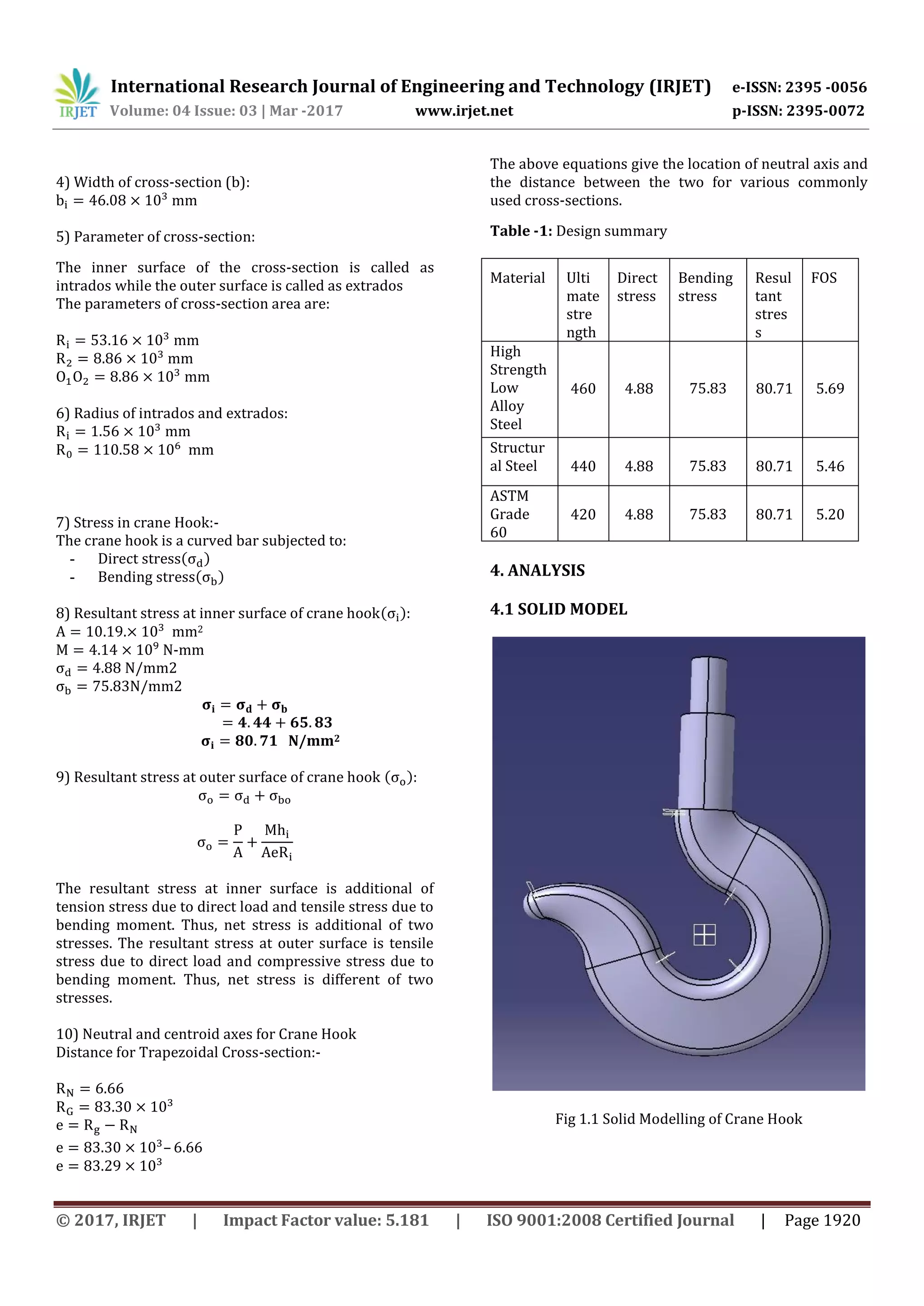 Design and Analysis of Crane Hook with Different Materials | PDF