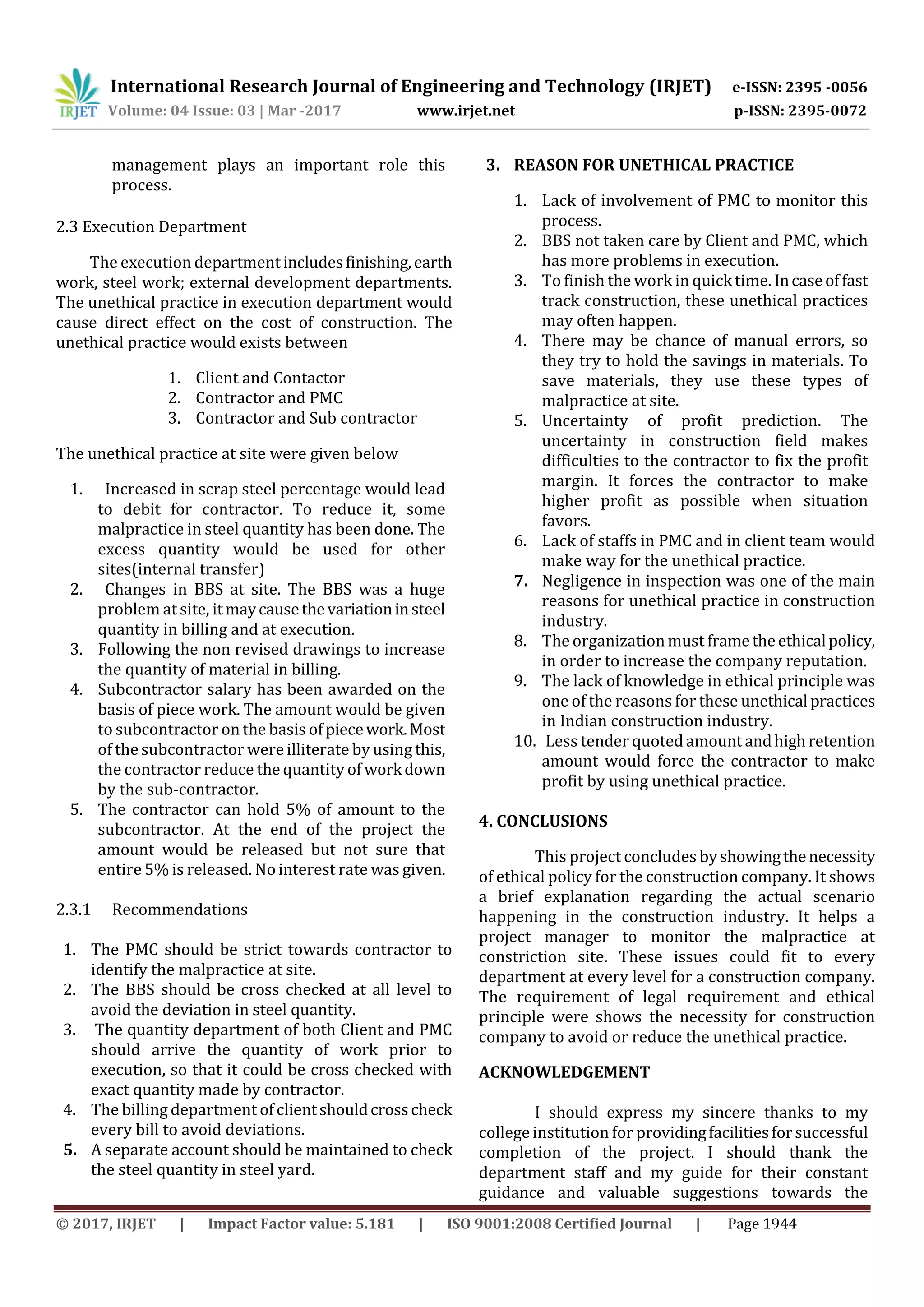 Analysis of Unethical Practice in Indian Construction Industry | PDF