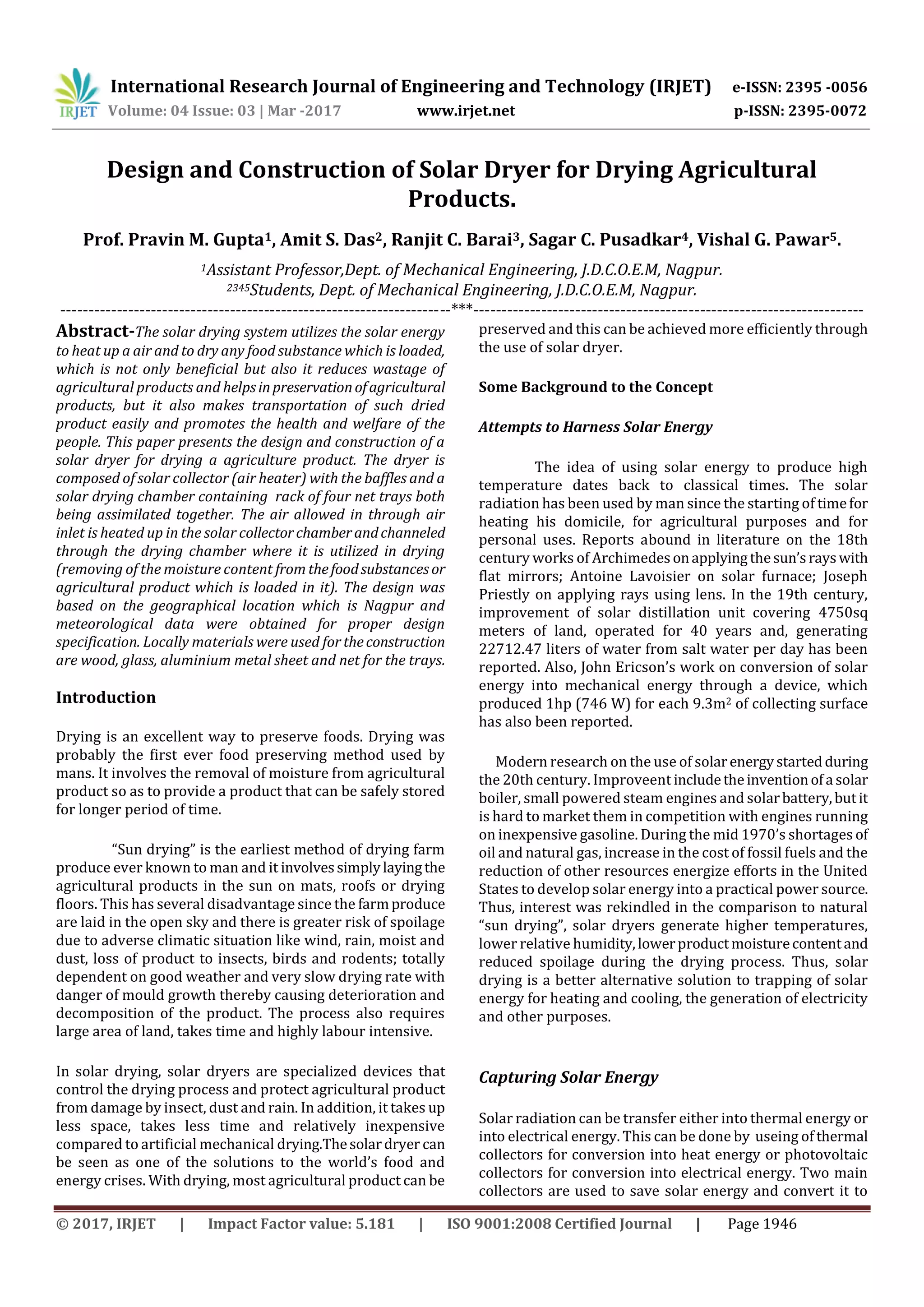Design and Construction of Solar Dryer for Drying Agricultural Products | PDF