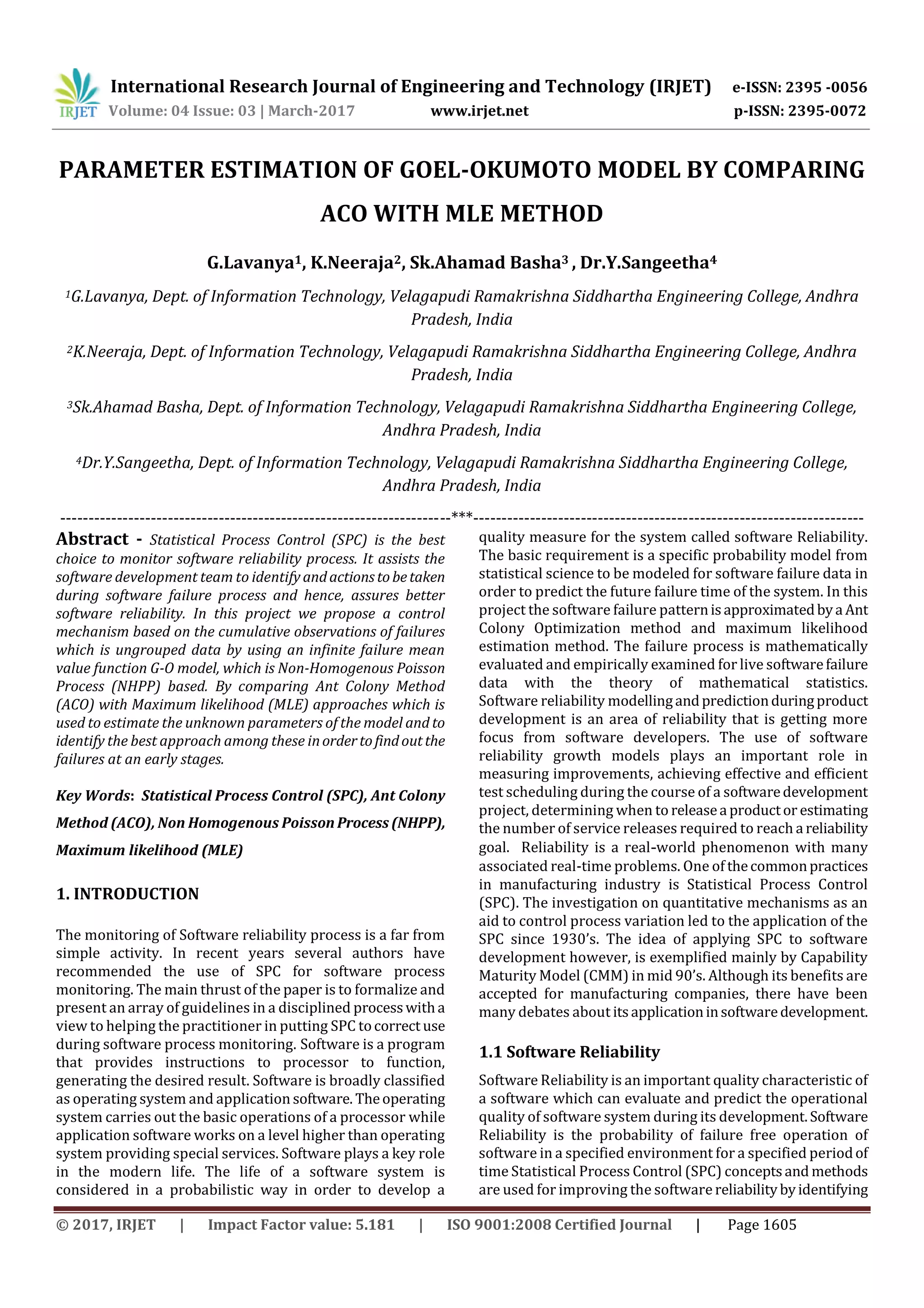Parameter Estimation of GOEL-OKUMOTO Model by Comparing ACO with MLE Method | PDF