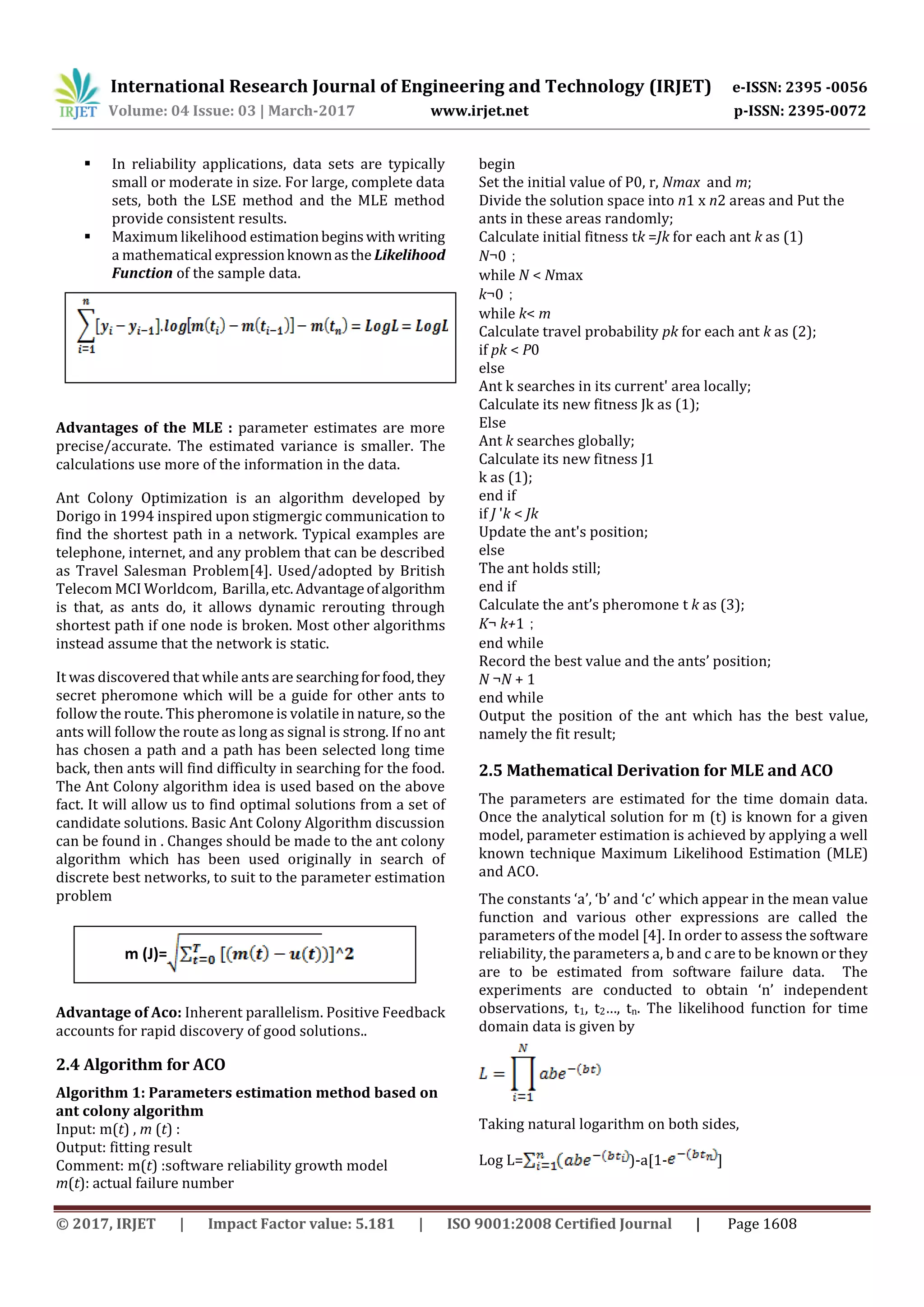Parameter Estimation of GOEL-OKUMOTO Model by Comparing ACO with MLE Method | PDF