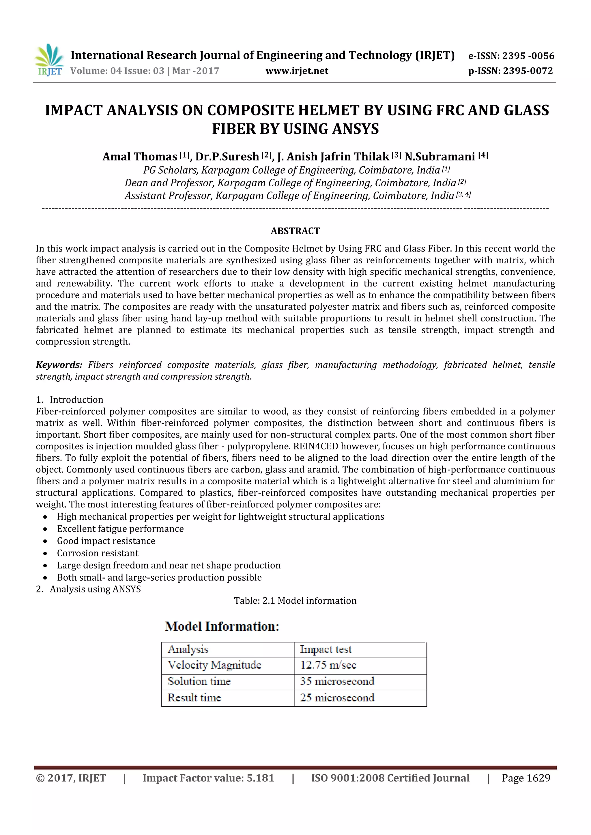 Impact Analysis on Composite Helmet by using FRC and Glass Fiber by ...
