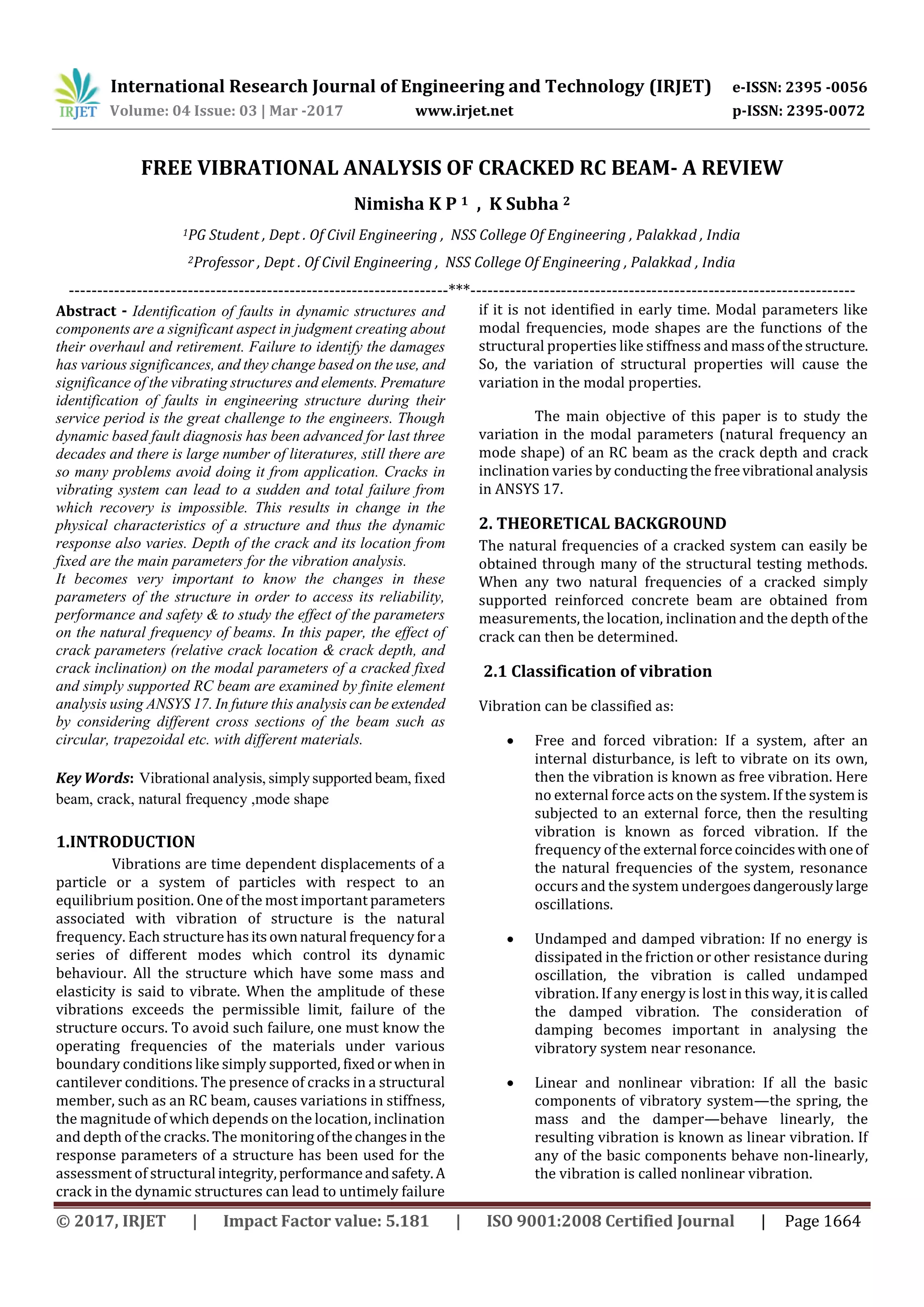 Free Vibrational Analysis of Cracked RC Beam- A Review | PDF