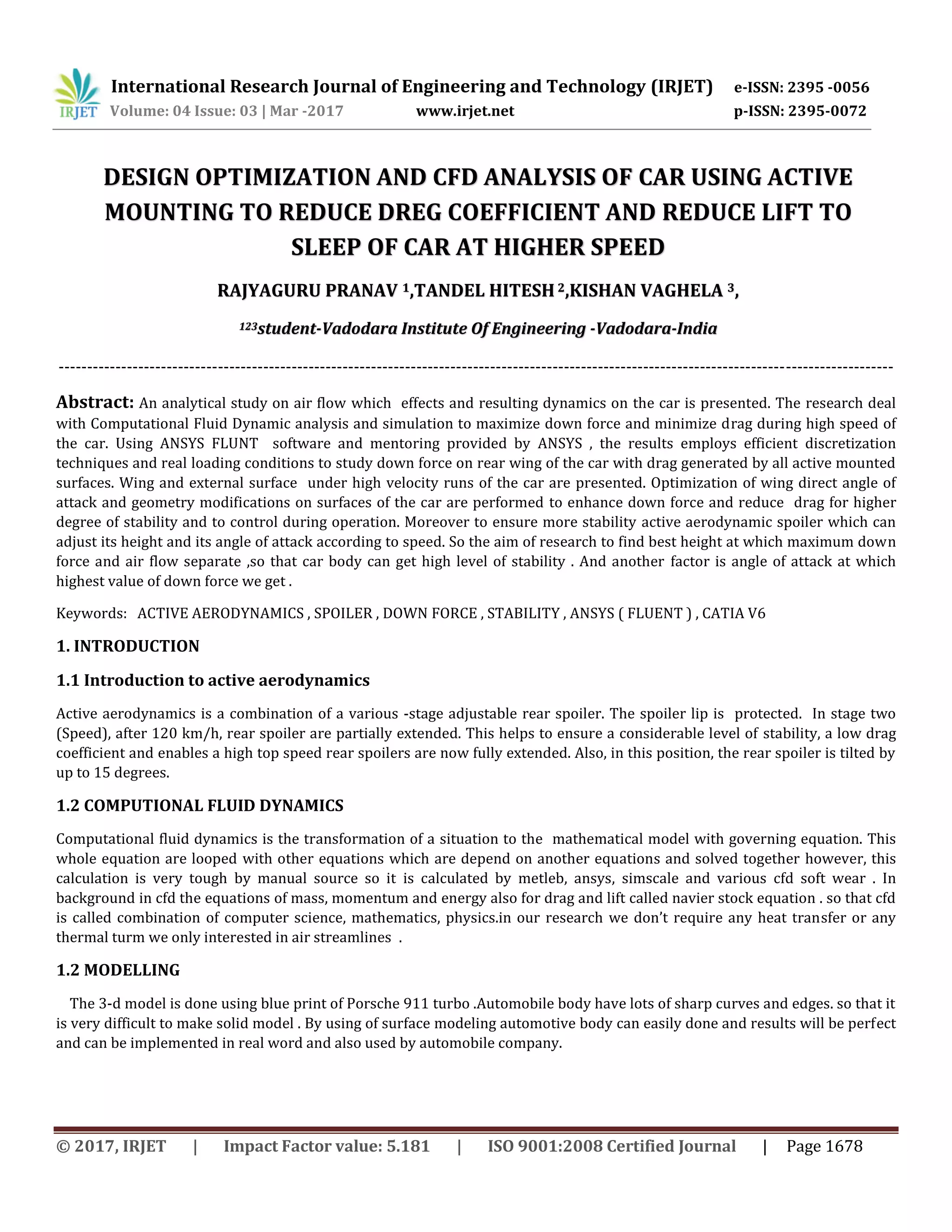 Design Optimization and CFD Analysis of Car using Active Mounting to ...