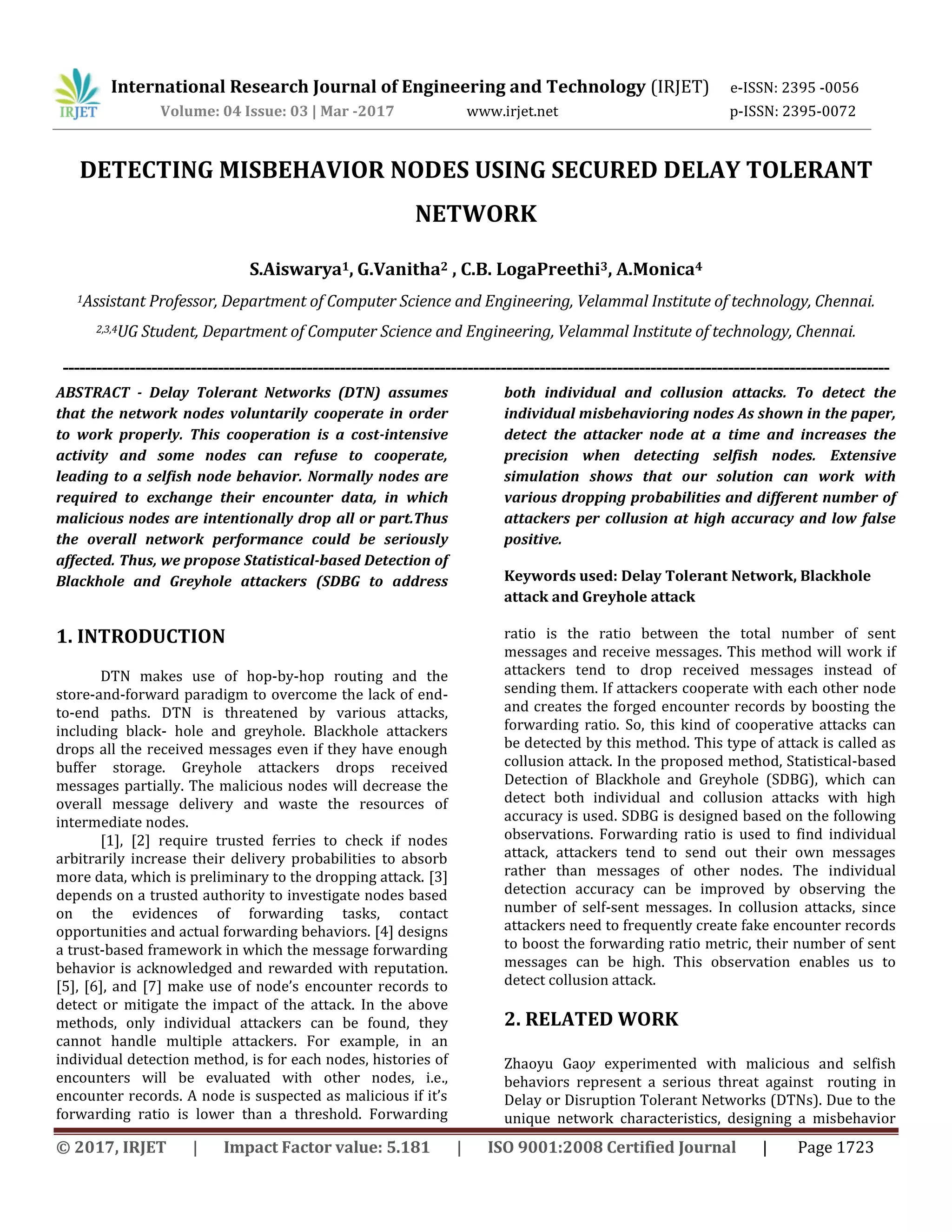 Detecting Misbehavior Nodes Using Secured Delay Tolerant Network | PDF