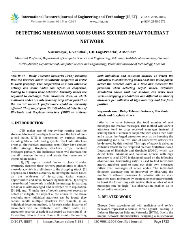 Detecting Misbehavior Nodes Using Secured Delay Tolerant Network | PDF