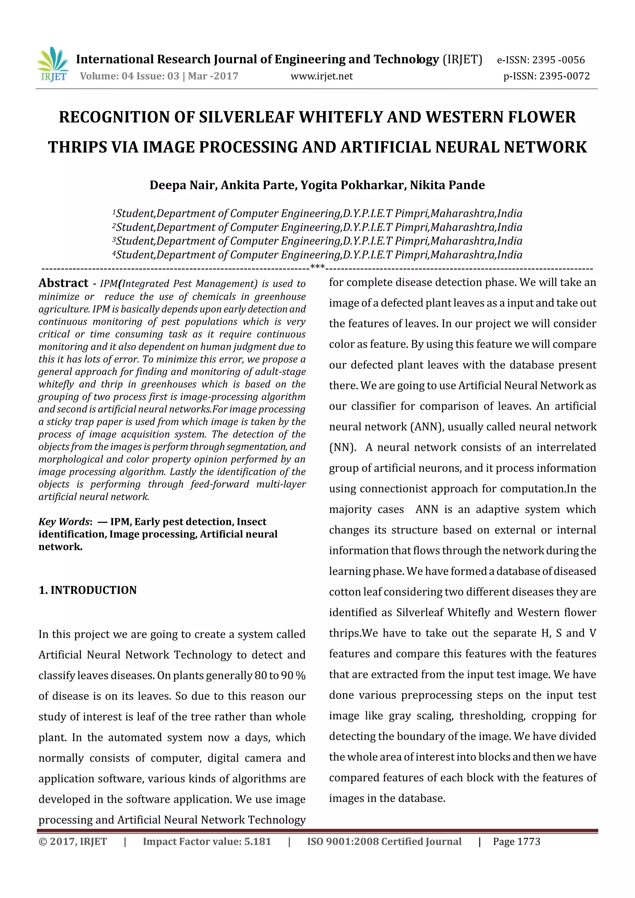 Recognition of Silverleaf Whitefly and Western Flower Thrips Via Image Processing and Artificial ...