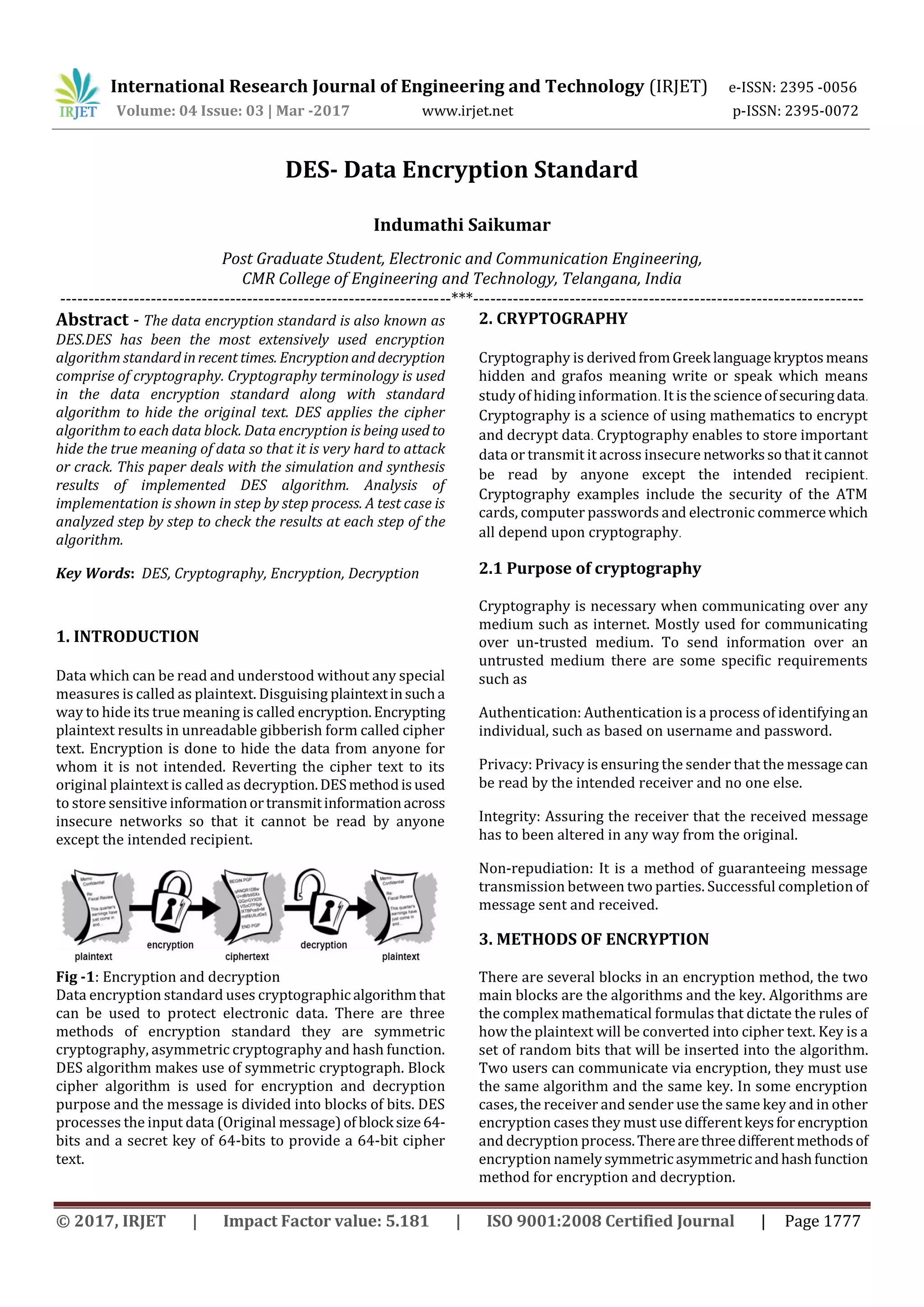 DES- Data Encryption Standard | PDF