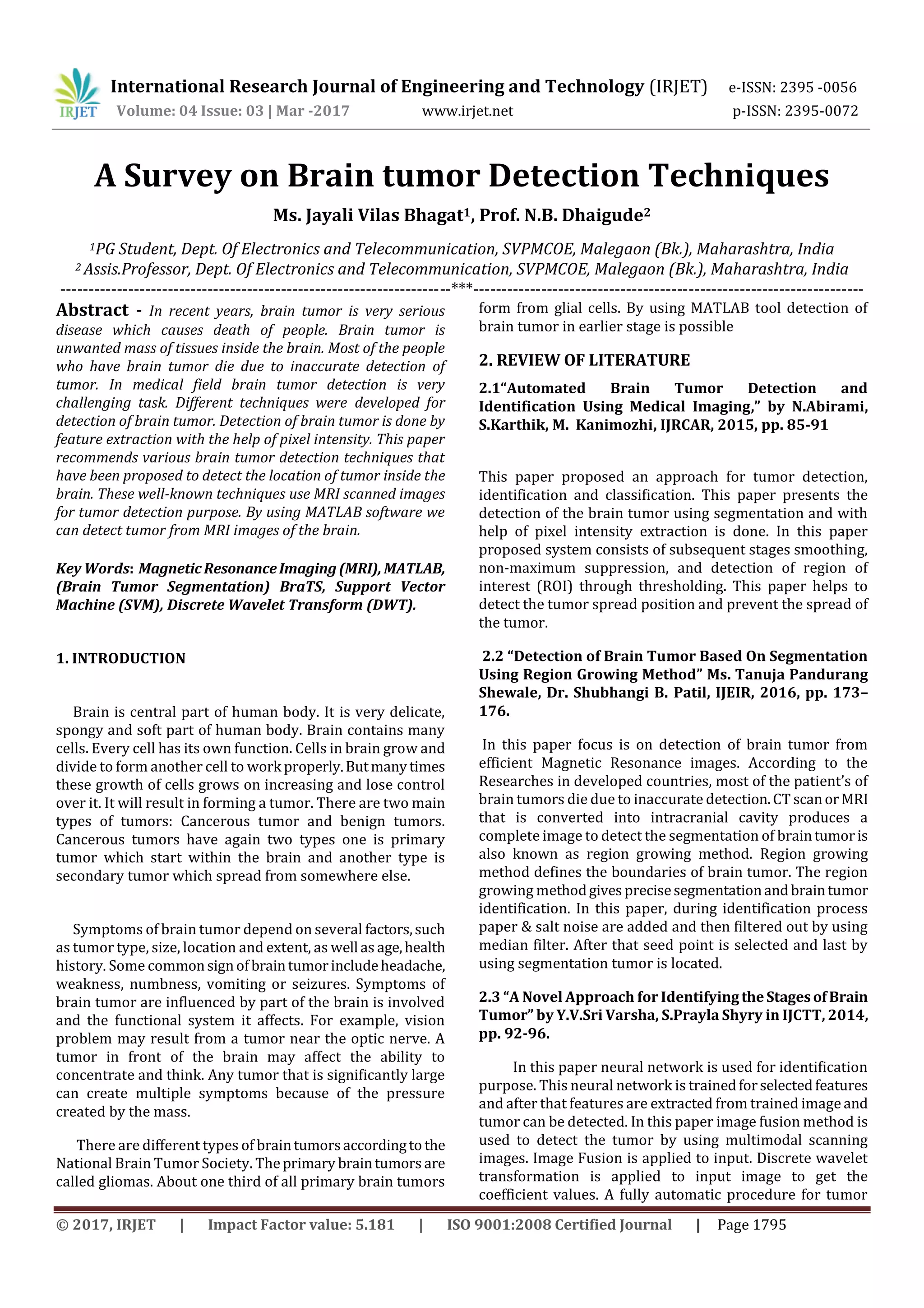 A Survey On Brain Tumor Detection Techniques Pdf
