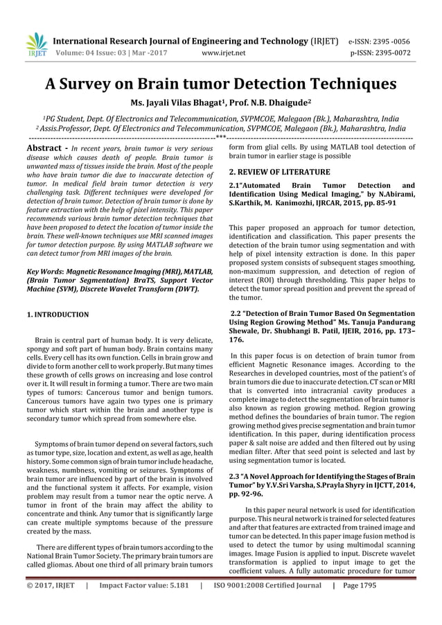 A Survey On Brain Tumor Detection Techniques Pdf