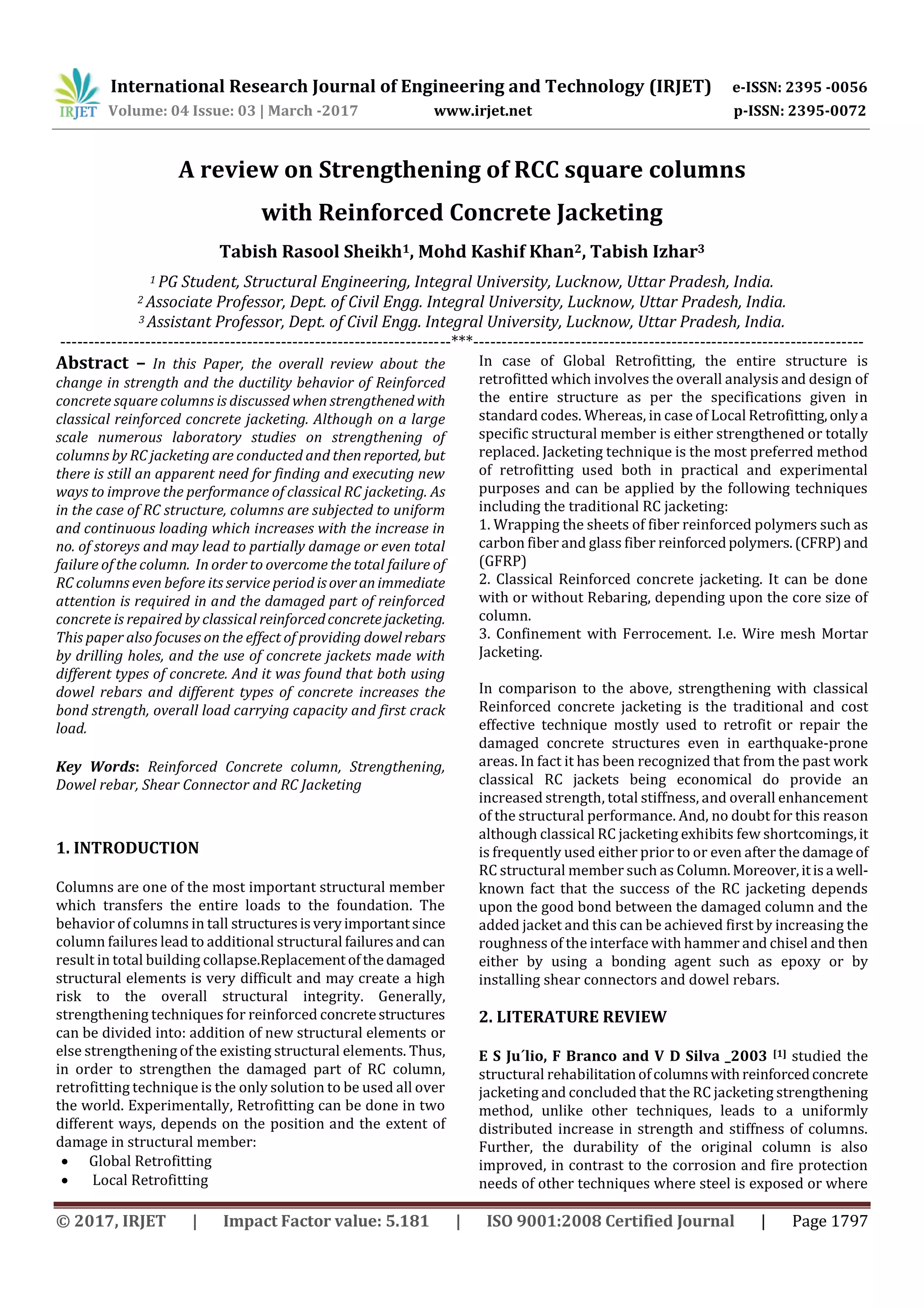 A Review On Strengthening Of RCC Square Columns with Reinforced ...