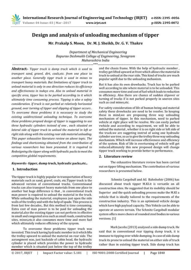 Design and Analysis of Unloading Mechanism of Tipper | PDF