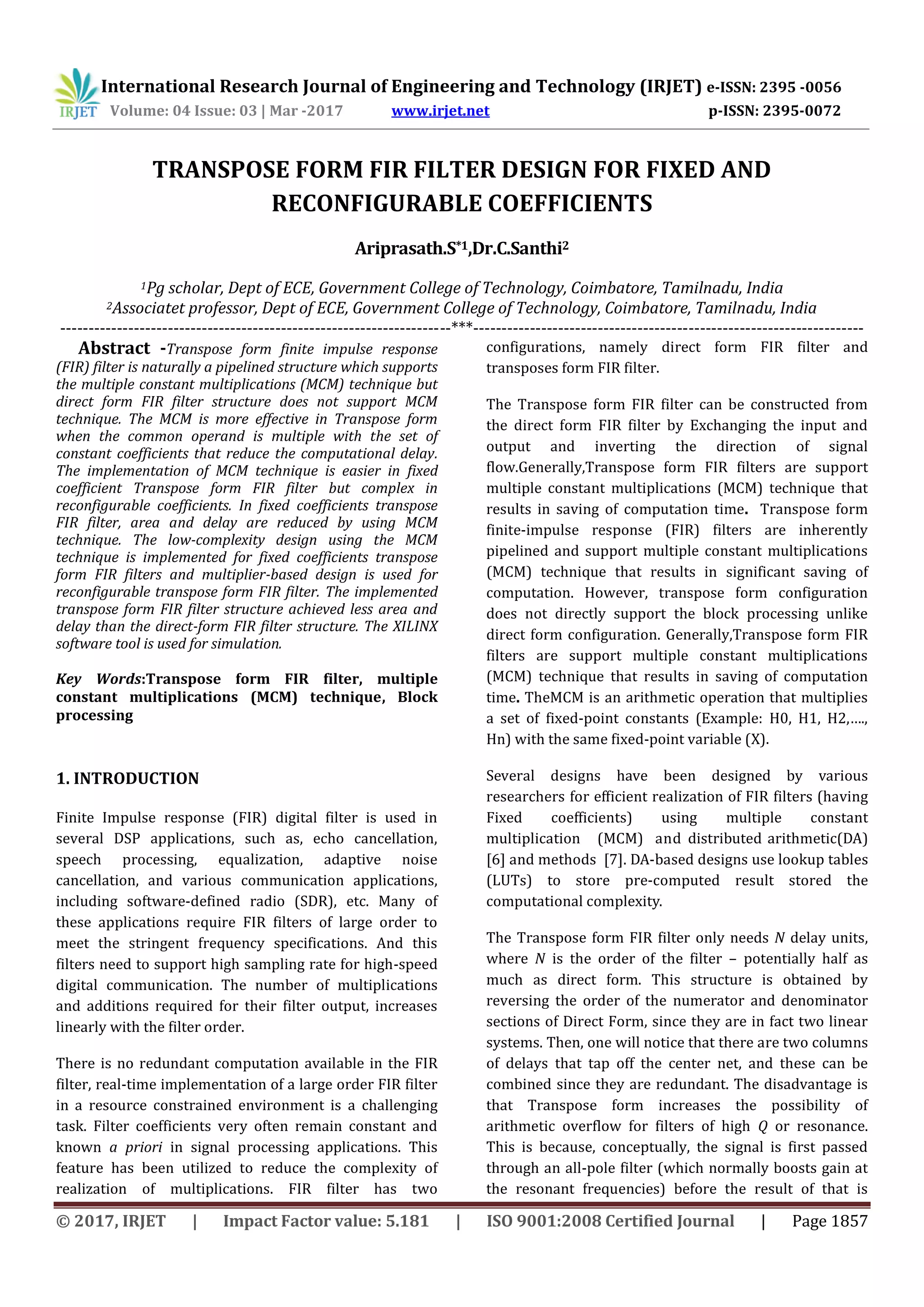 Transpose Form Fir Filter Design for Fixed and Reconfigurable ...