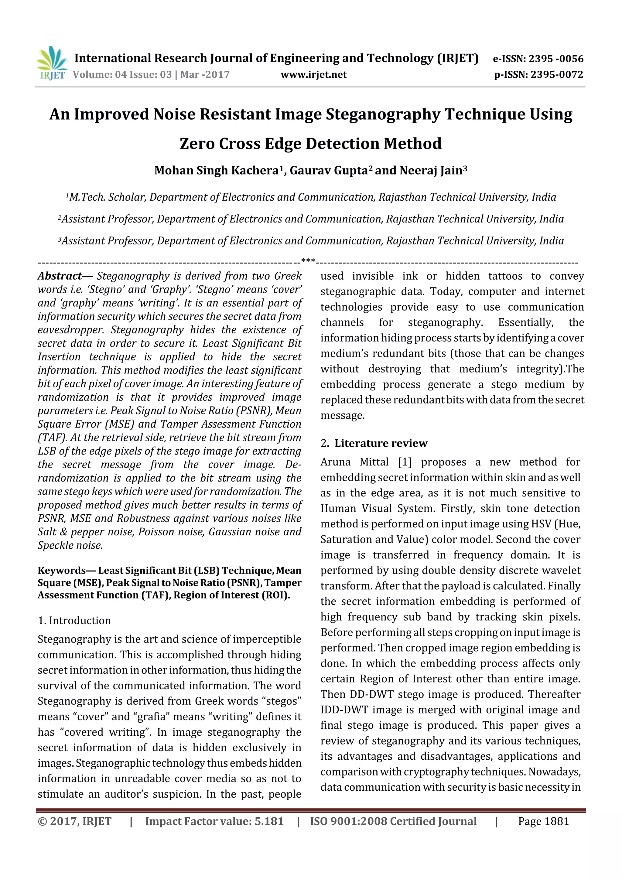 An Improved Noise Resistant Image Steganography Technique Using Zero Cross Edge Detection Method