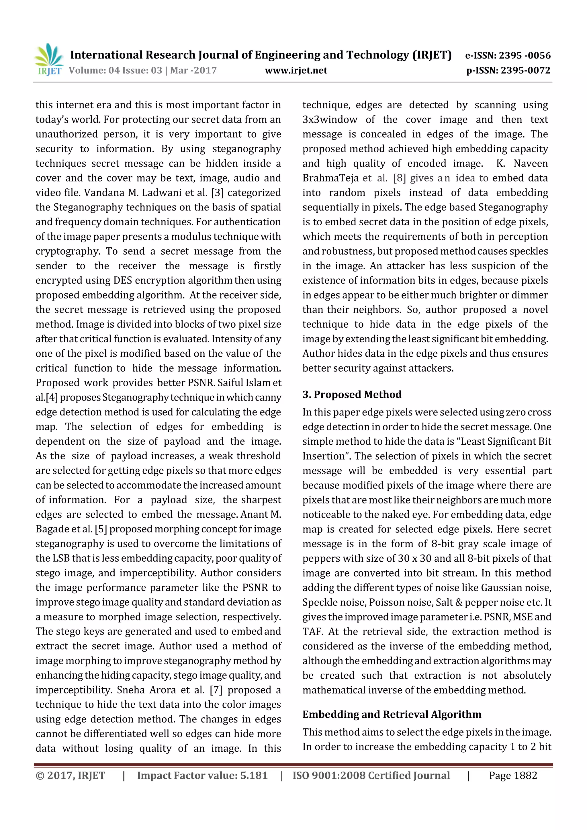 An Improved Noise Resistant Image Steganography Technique Using Zero Cross Edge Detection Method