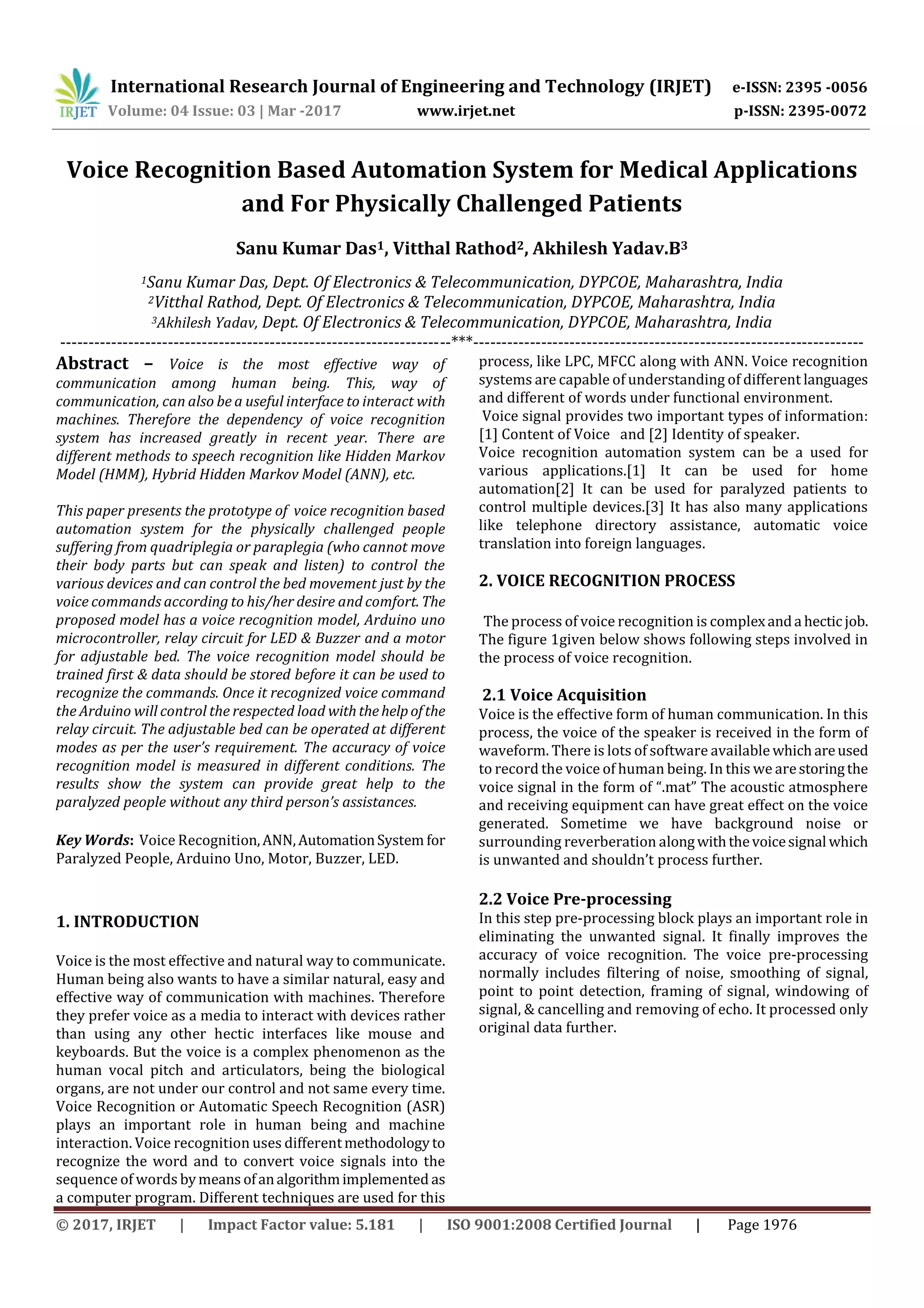 Voice Recognition Based Automation System for Medical Applications and ...