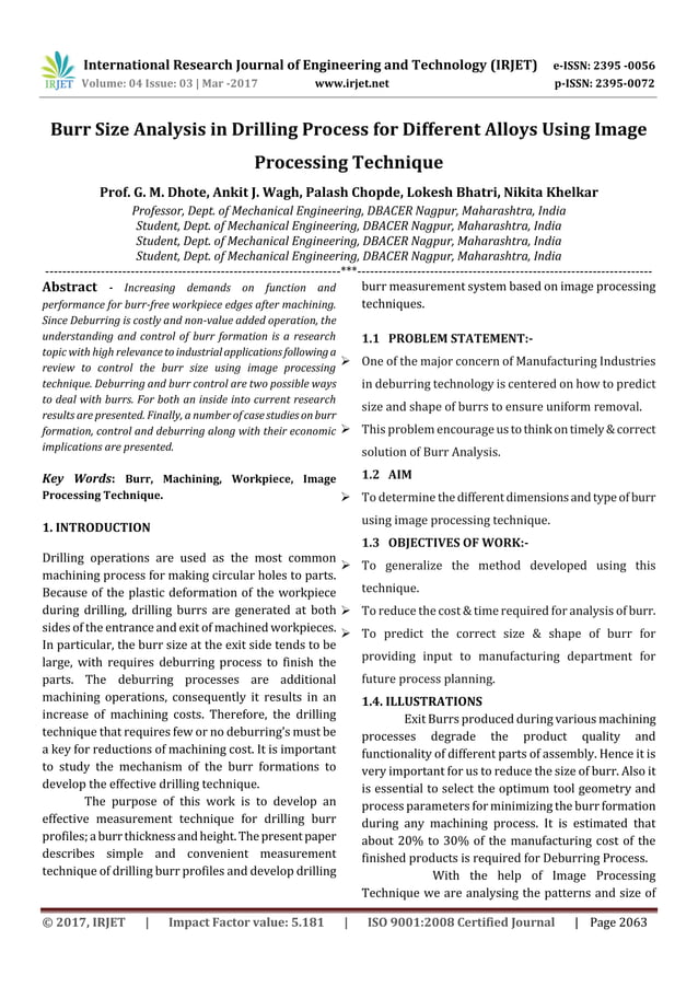 Burr Size Analysis in Drilling Process for Different Alloys using Image Processing Technique ...