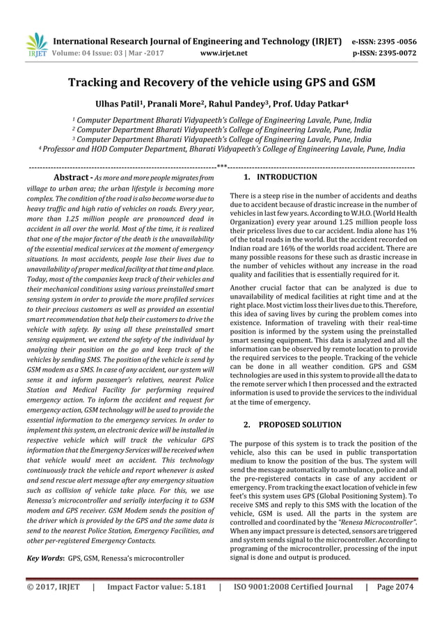 Tracking and Recovery of the Vehicle using GPS and GSM | PDF
