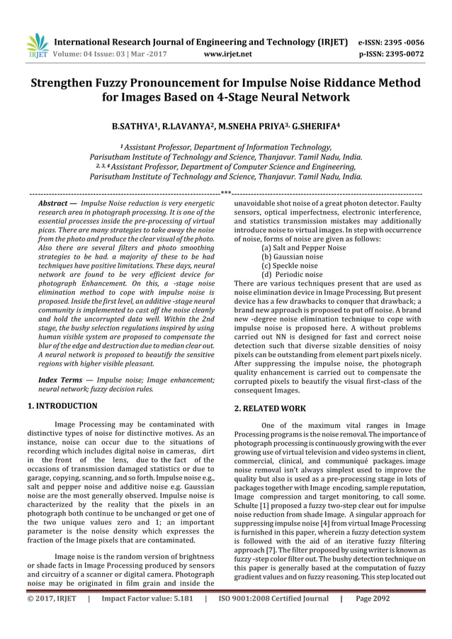 Strengthen Fuzzy Pronouncement for Impulse Noise Riddance Method for Images Based on 4-Stage ...