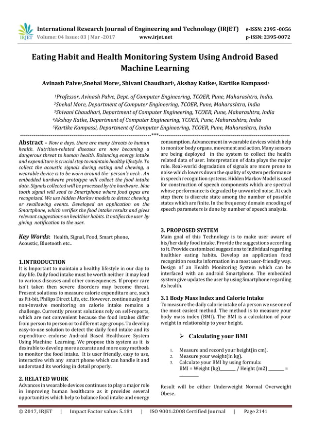 Eating Habit and Health Monitoring System using Android Based Machine Learning | PDF