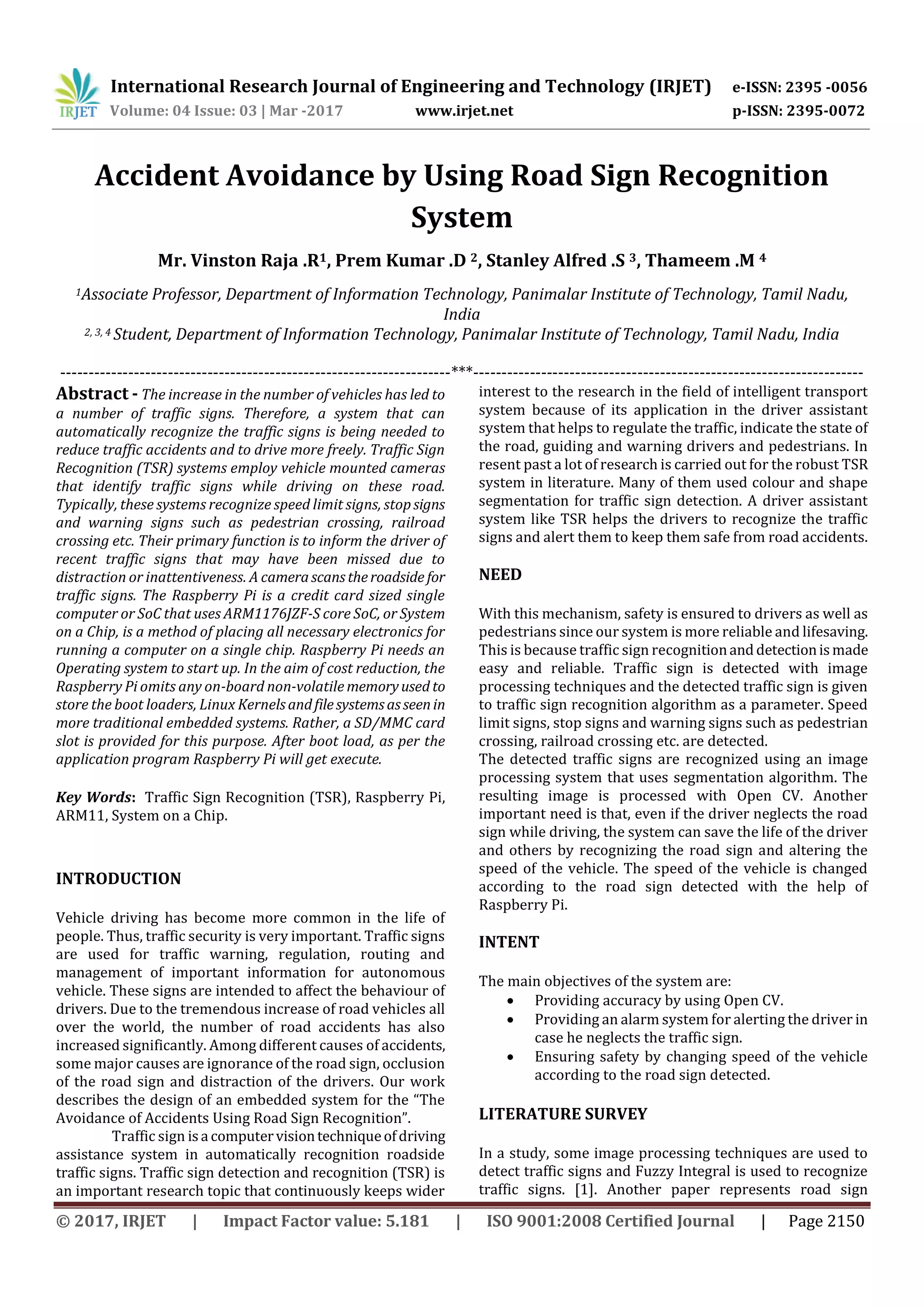 Accident Avoidance by using Road Sign Recognition System | PDF ...