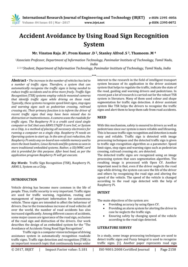 Accident Avoidance by using Road Sign Recognition System | PDF ...