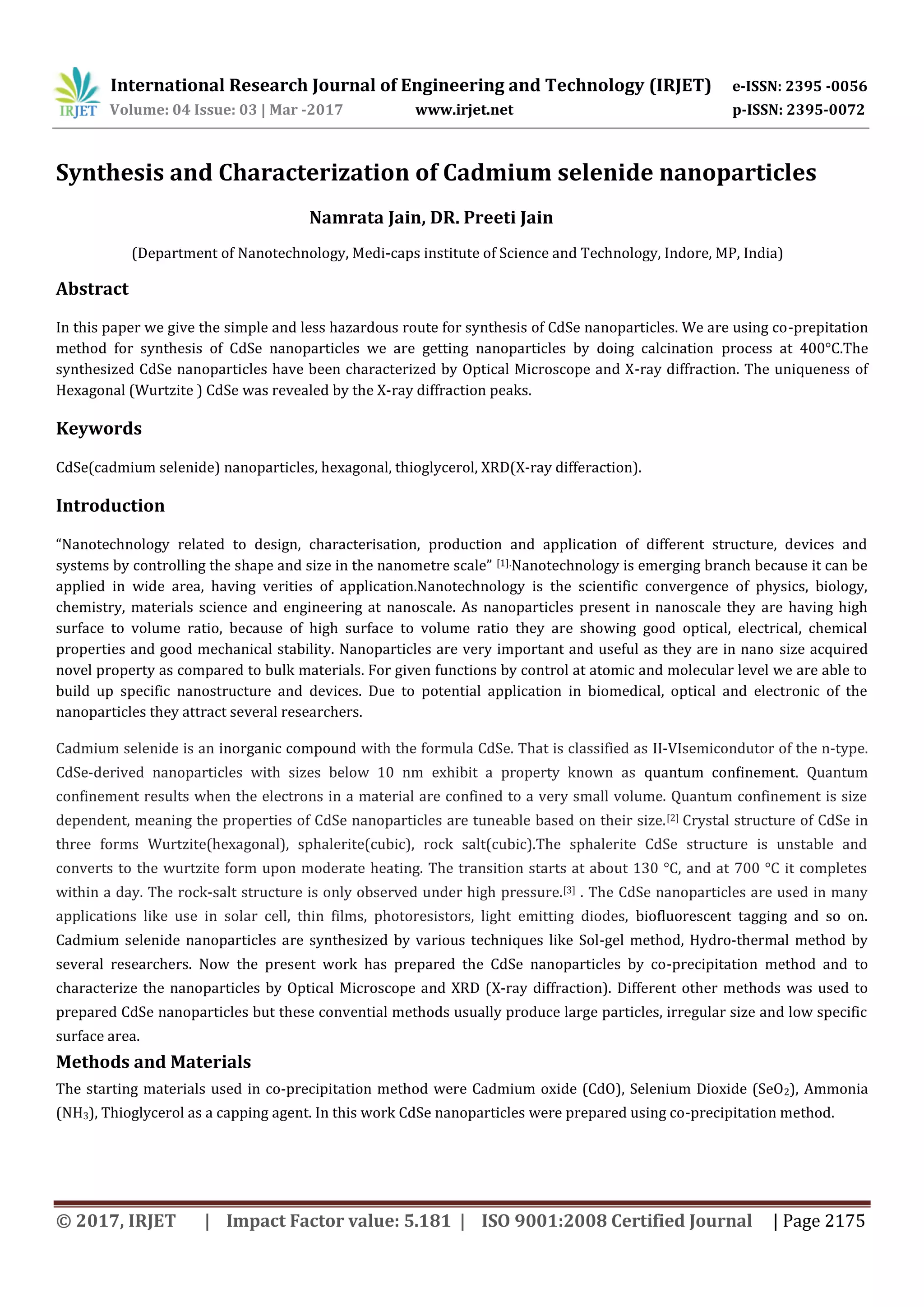 Synthesis and Characterization of Cadmium Selenide Nanoparticles | PDF