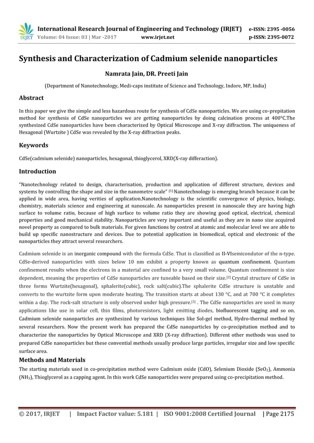 Synthesis and Characterization of Cadmium Selenide Nanoparticles | PDF