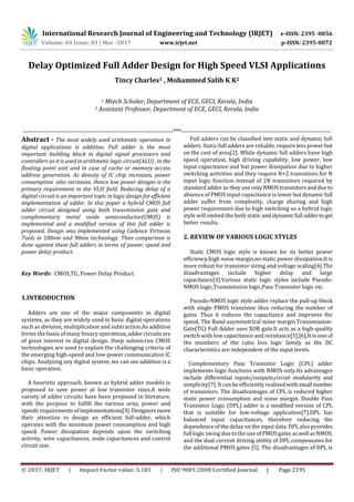 Delay Optimized Full Adder Design for High Speed VLSI Applications | PDF