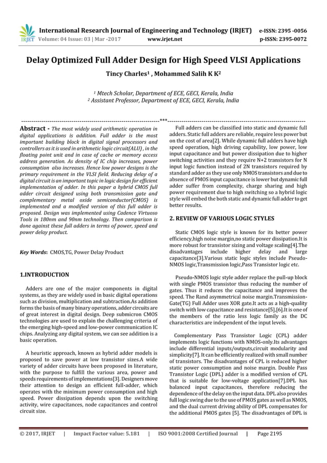 Delay Optimized Full Adder Design for High Speed VLSI Applications | PDF