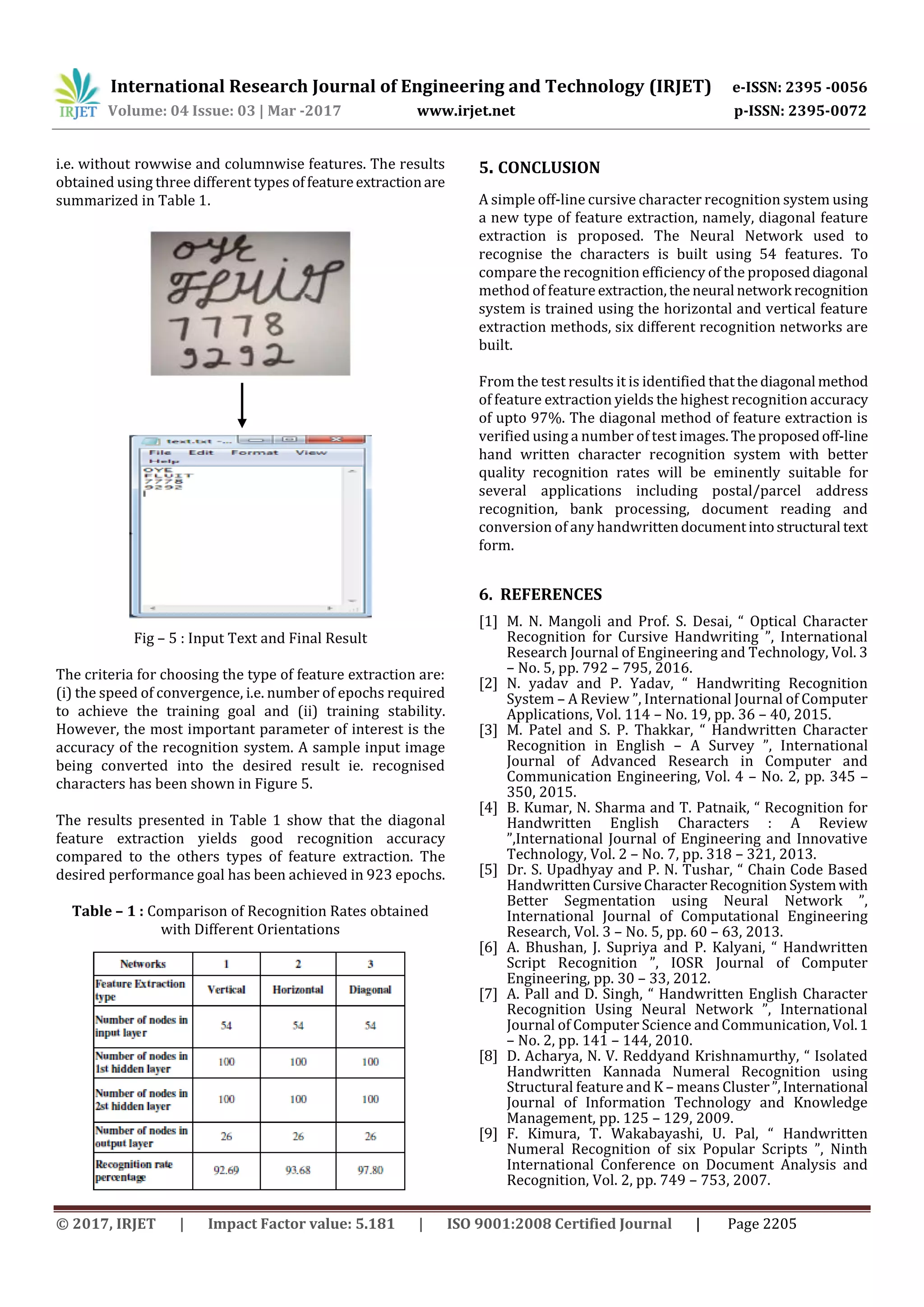 Cursive Handwriting Recognition System Using Feature Extraction And Artificial Neural Network Pdf