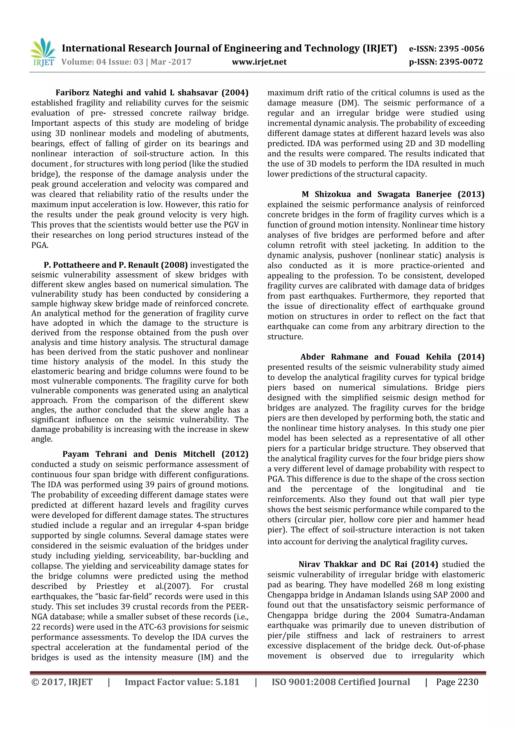 Seismic Vulnerability Assessment of RC Bridge –A Review | PDF
