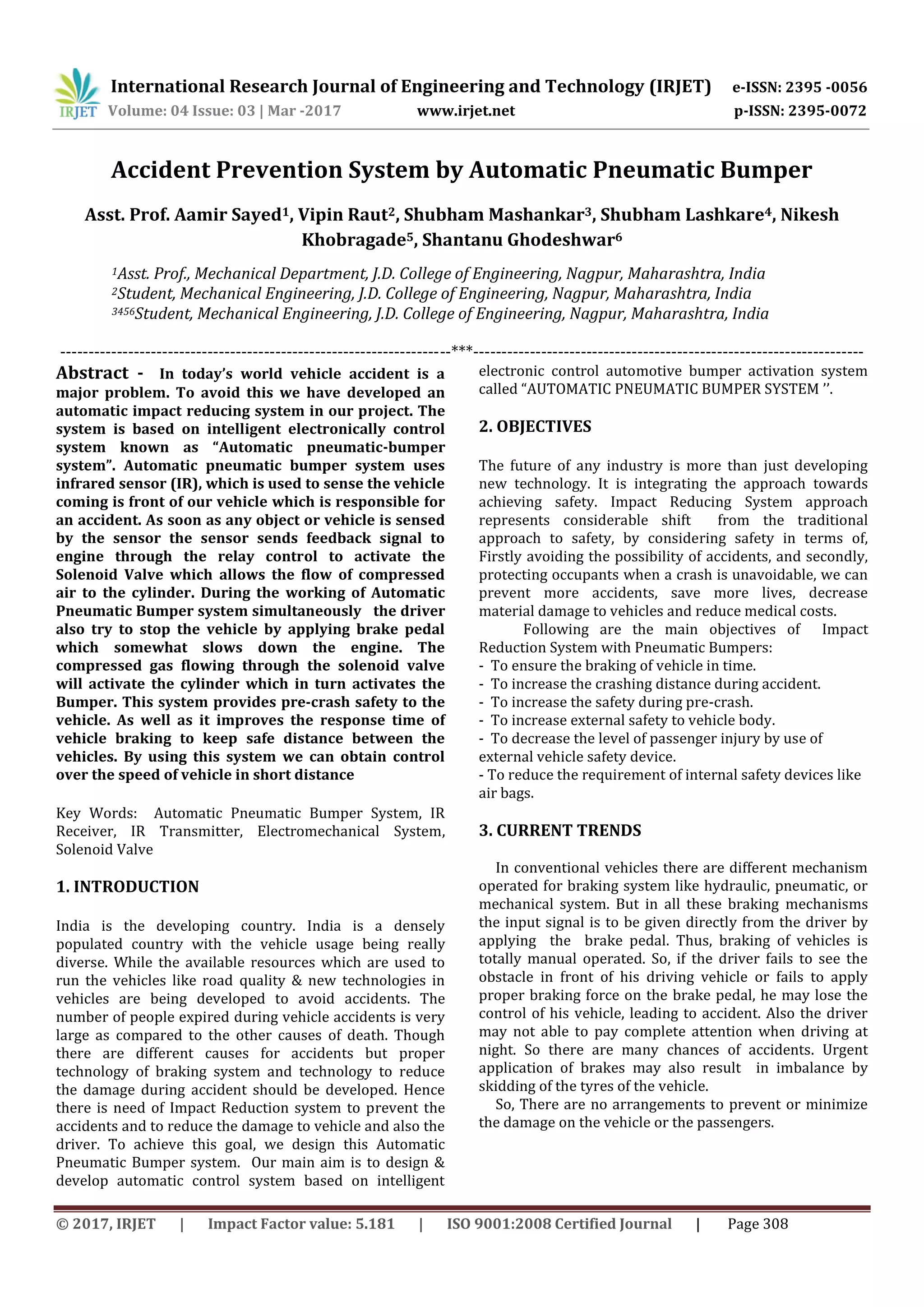 Accident Prevention System by Automatic Pneumatic Bumper | PDF