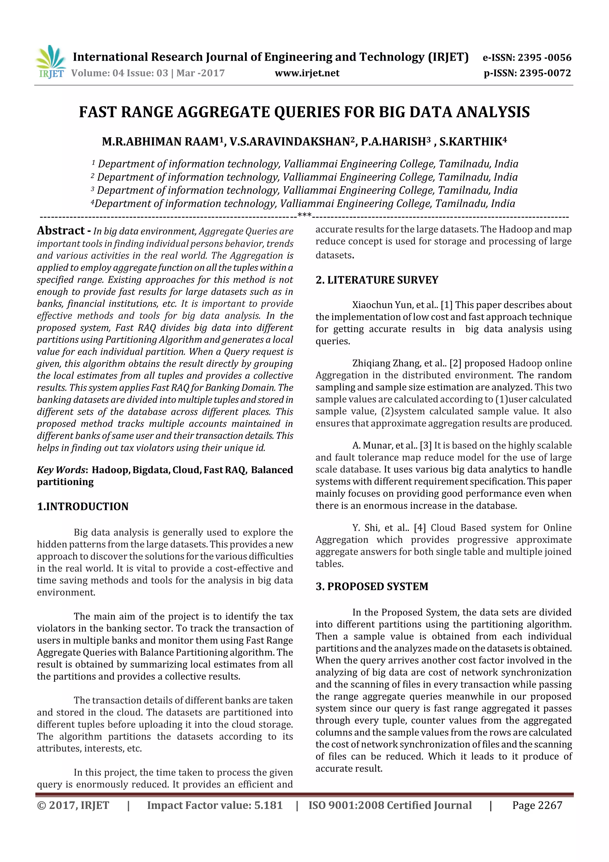 Fast Range Aggregate Queries for Big Data Analysis | PDF