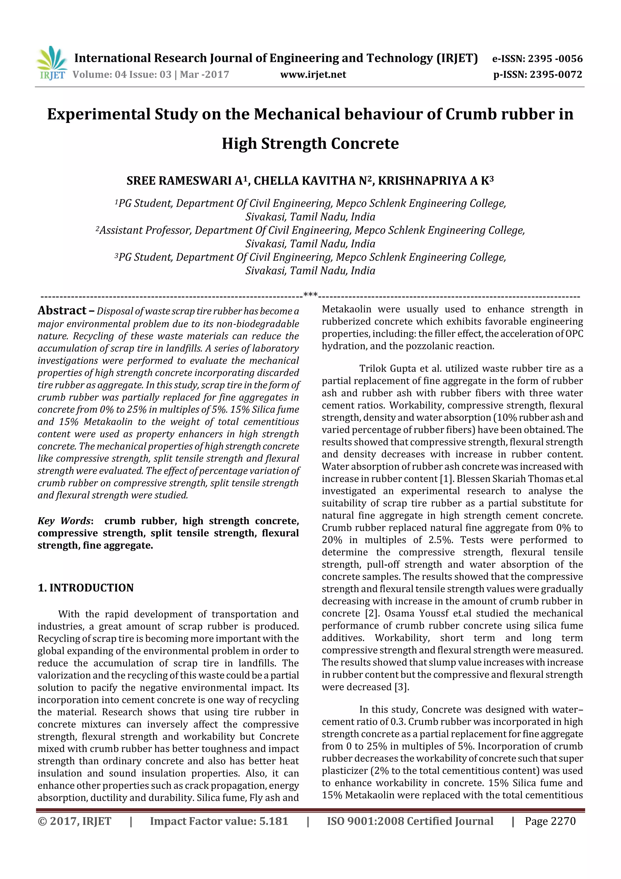 Experimental Study on the Mechanical Behaviour of Crumb Rubber in High ...