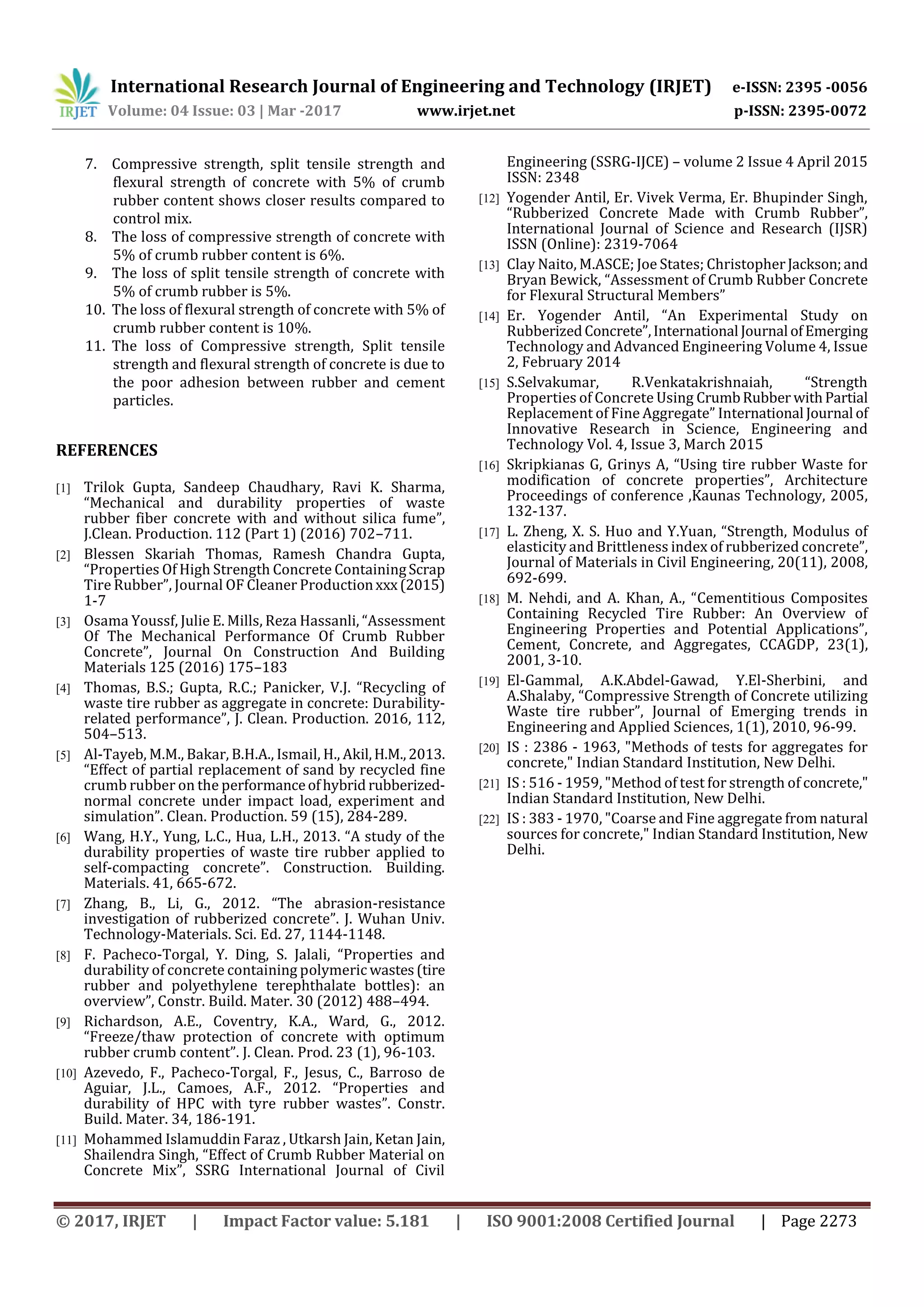 Experimental Study on the Mechanical Behaviour of Crumb Rubber in High Strength Concrete | PDF