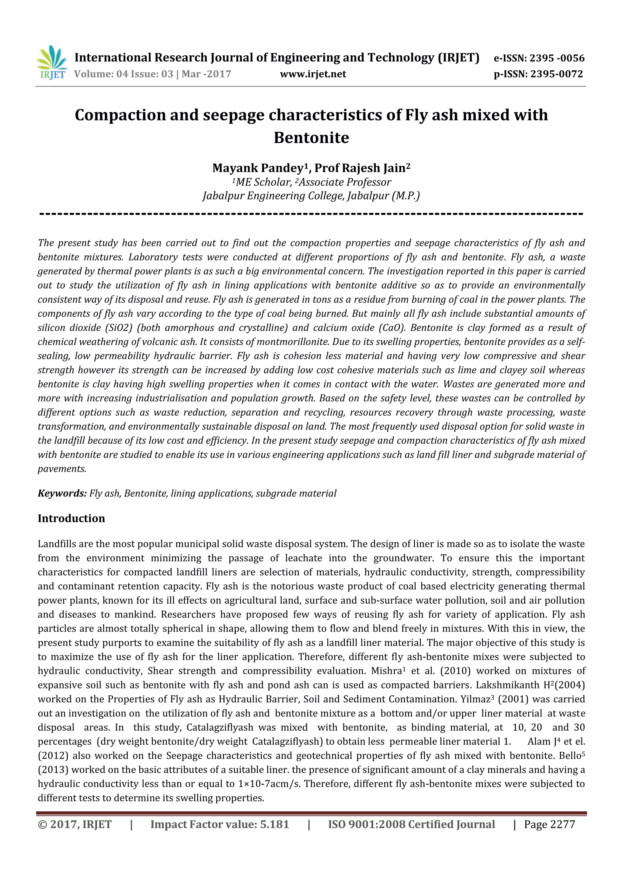 Compaction and Seepage Characteristics of Fly Ash Mixed with Bentonite ...
