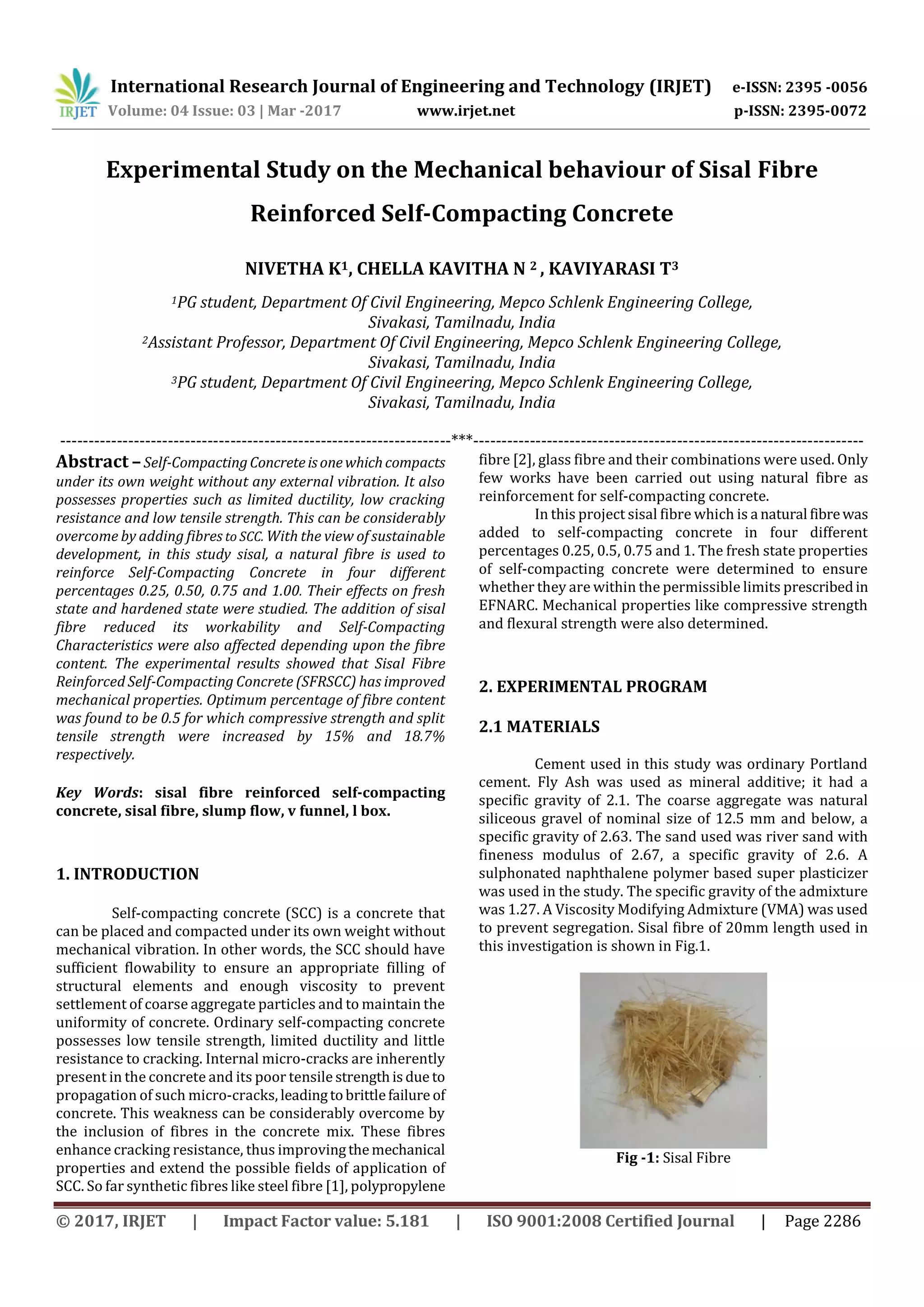 Experimental Study on the Mechanical Behaviour of Sisal Fibre Reinforced Self-Compacting ...