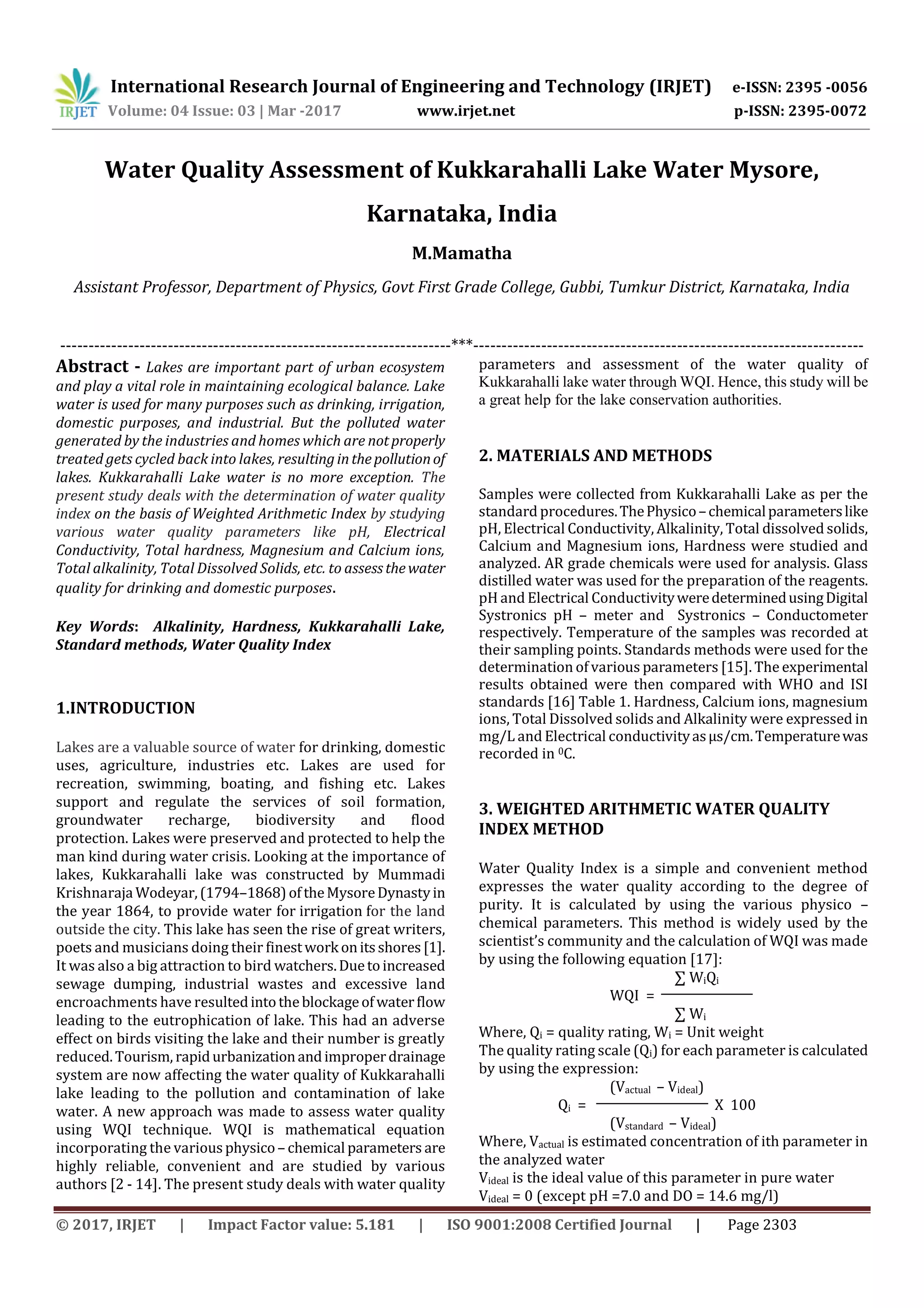 Water Quality Assessment of Kukkarahalli Lake Water Mysore, Karnataka, India | PDF