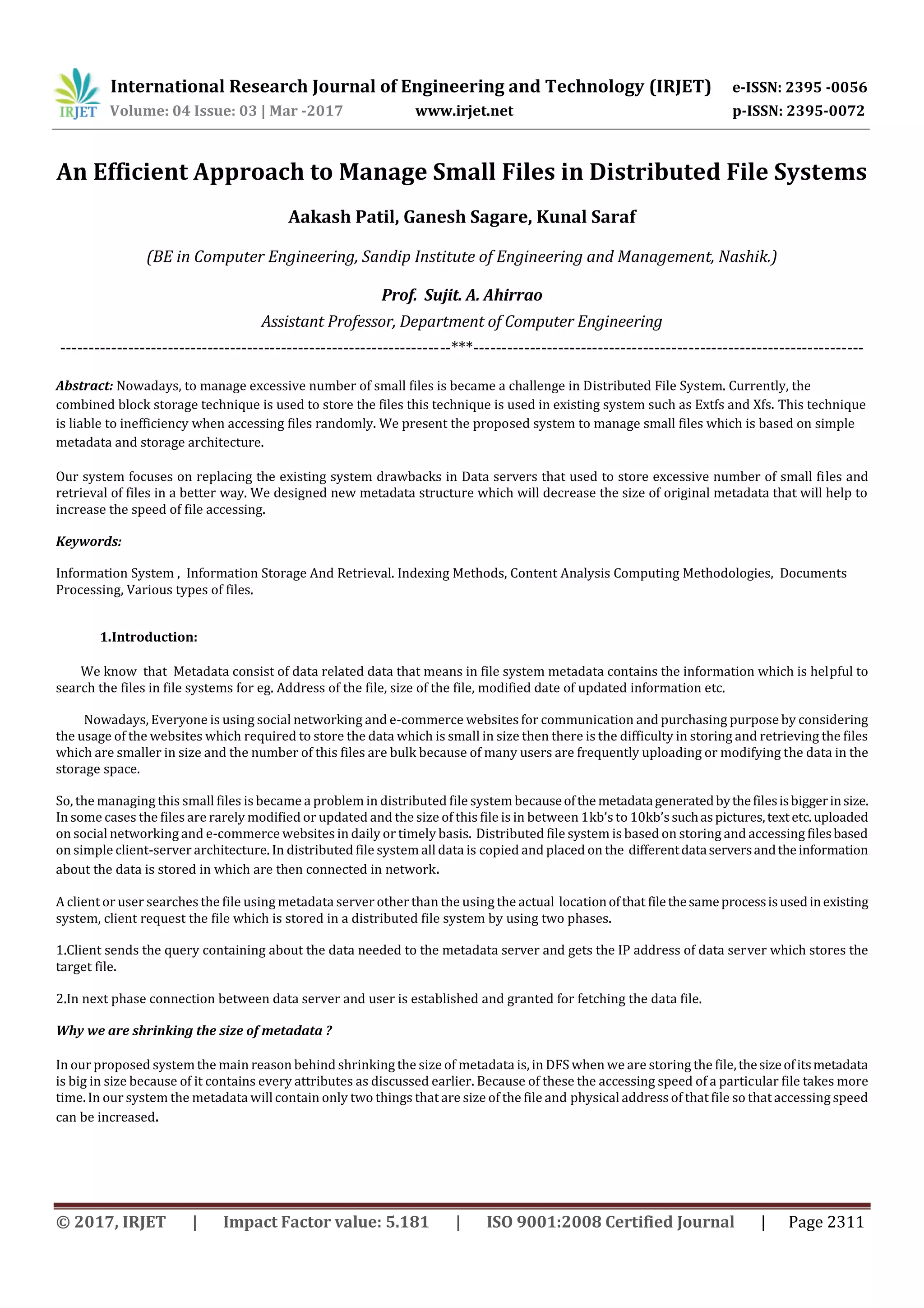 An Efficient Approach to Manage Small Files in Distributed File Systems | PDF | Databases ...