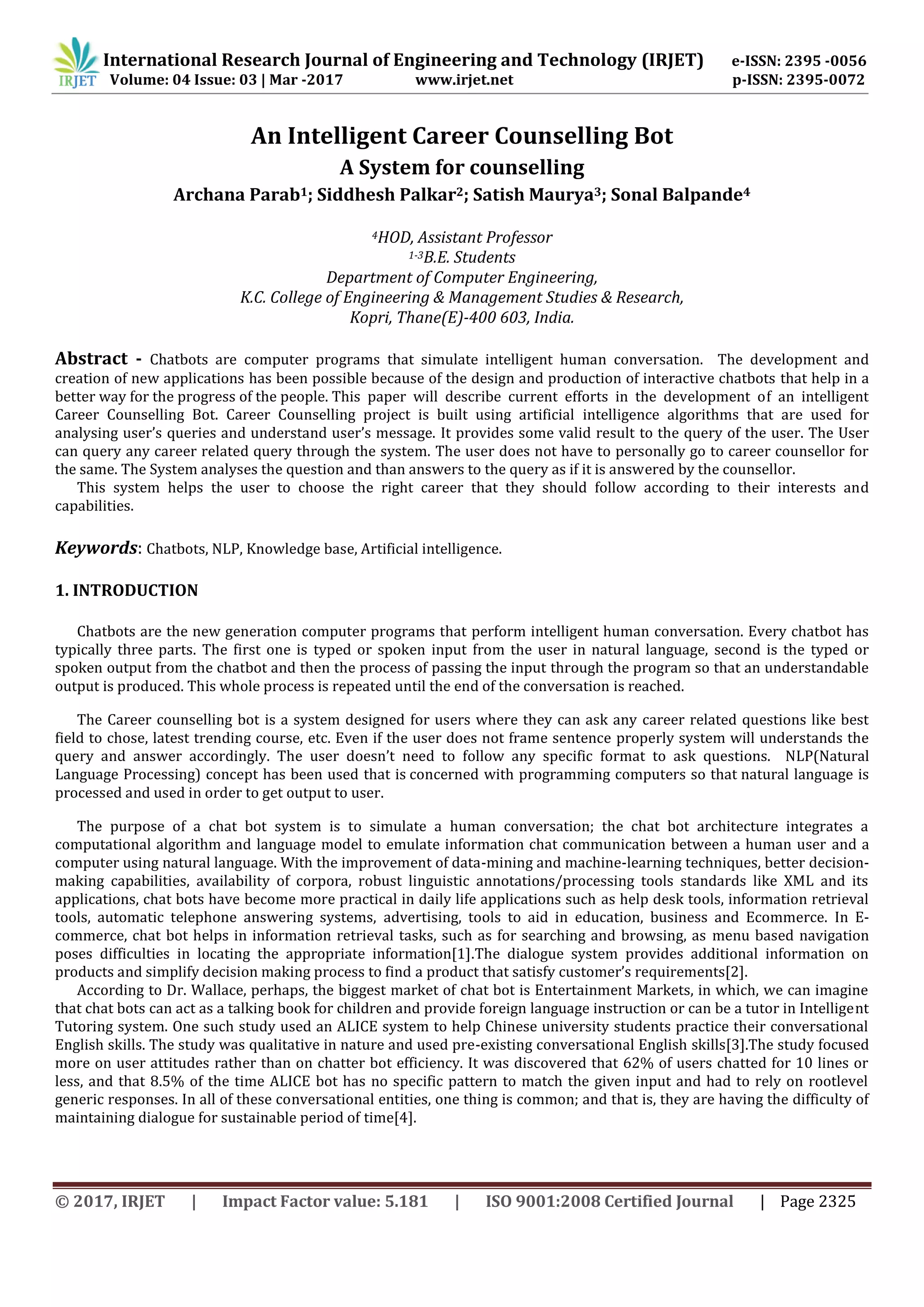 An Intelligent Career Counselling Bot A System for Counselling | PDF